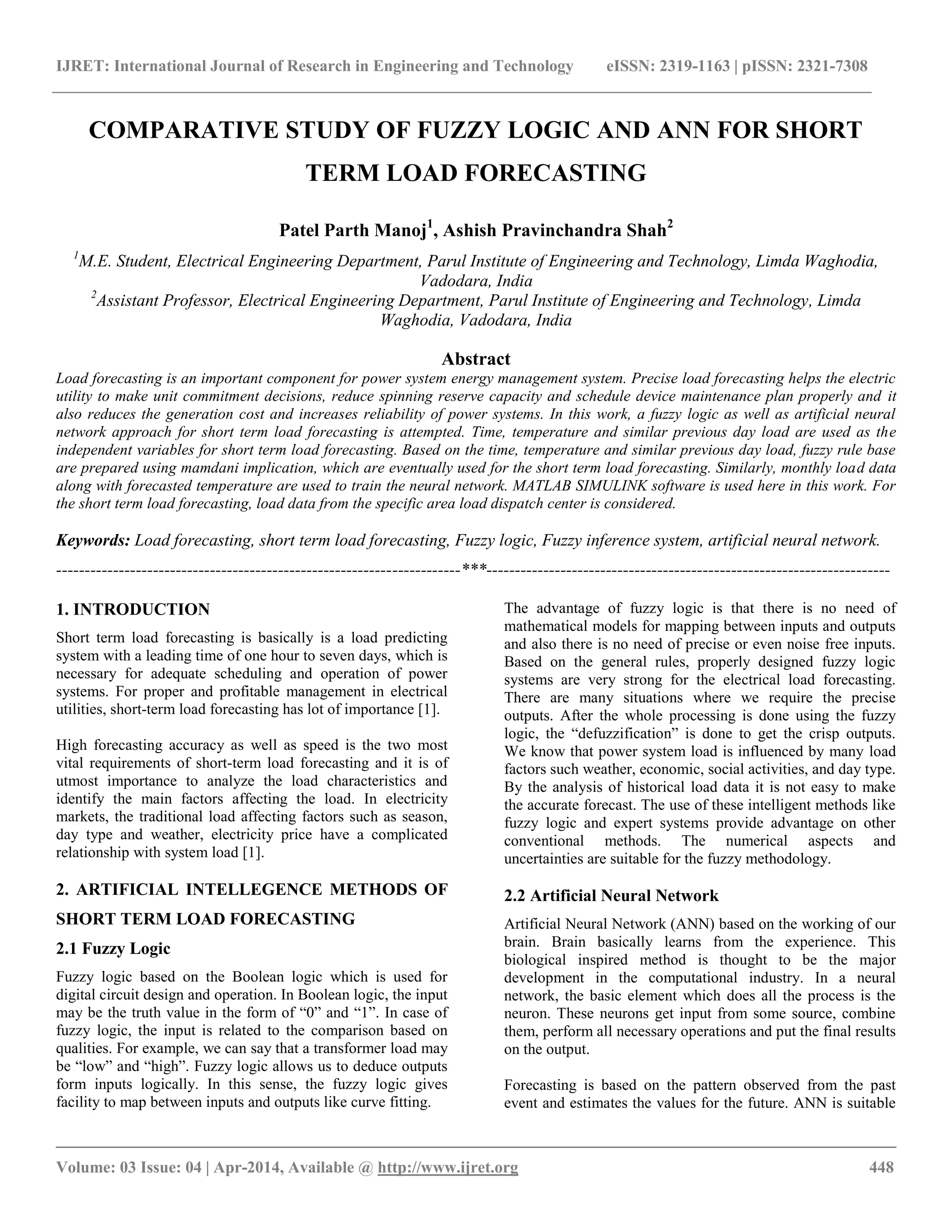 Comparative study of fuzzy logic and ann for short term load forecasting | PDF