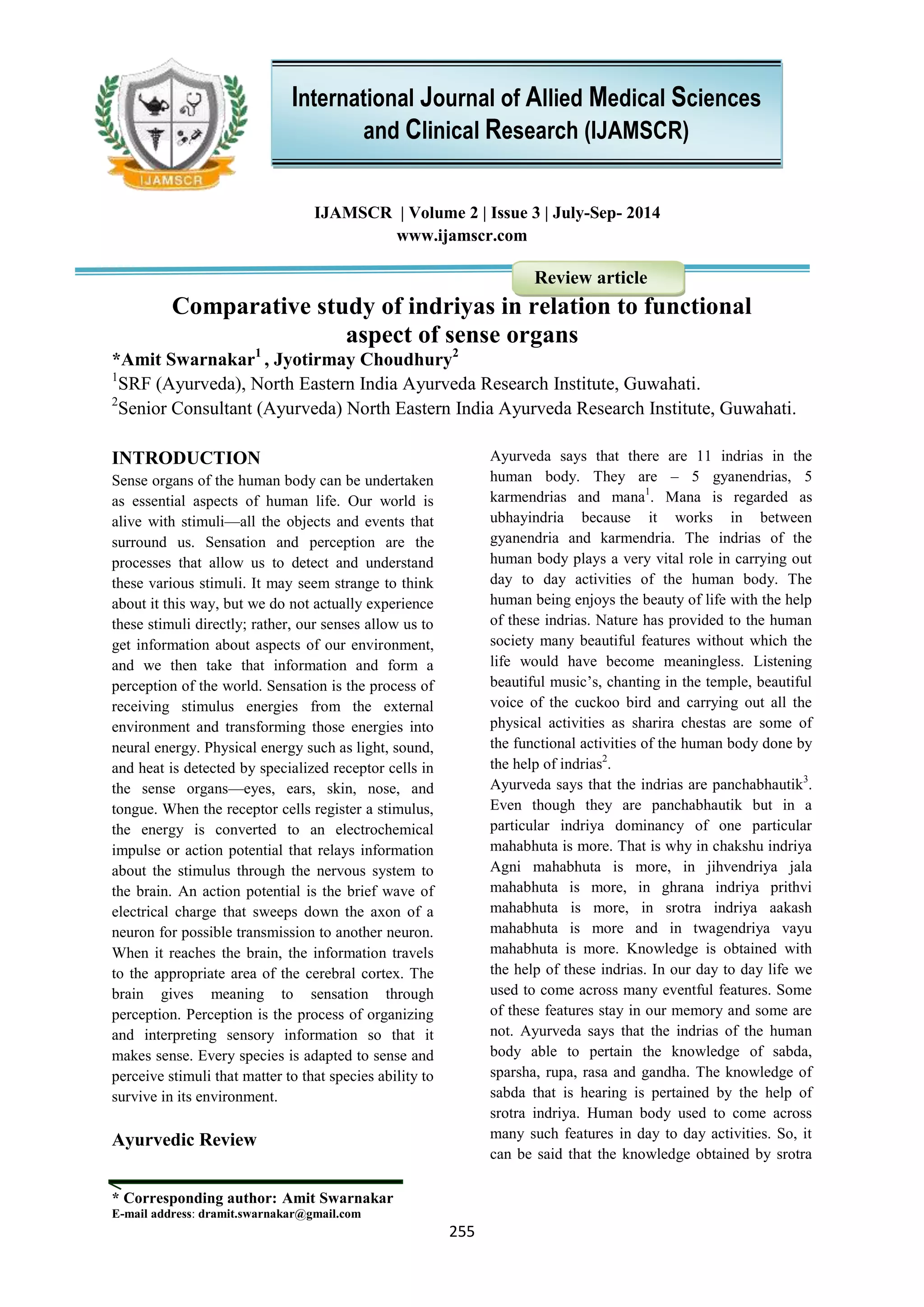Comparative study of indriyas in relation to functional aspect of sense ...