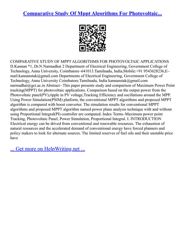 Comparative Study Of Mppt Algorithms For Photovoltaic... | PDF