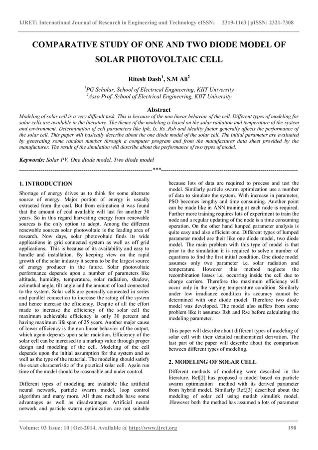 Comparative study of one and two diode model of solar photovoltaic cell ...