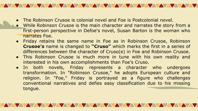 Comparative study of ‘Robinson Crusoe’ and ‘Foe’.pptx | Fiction | Books ...