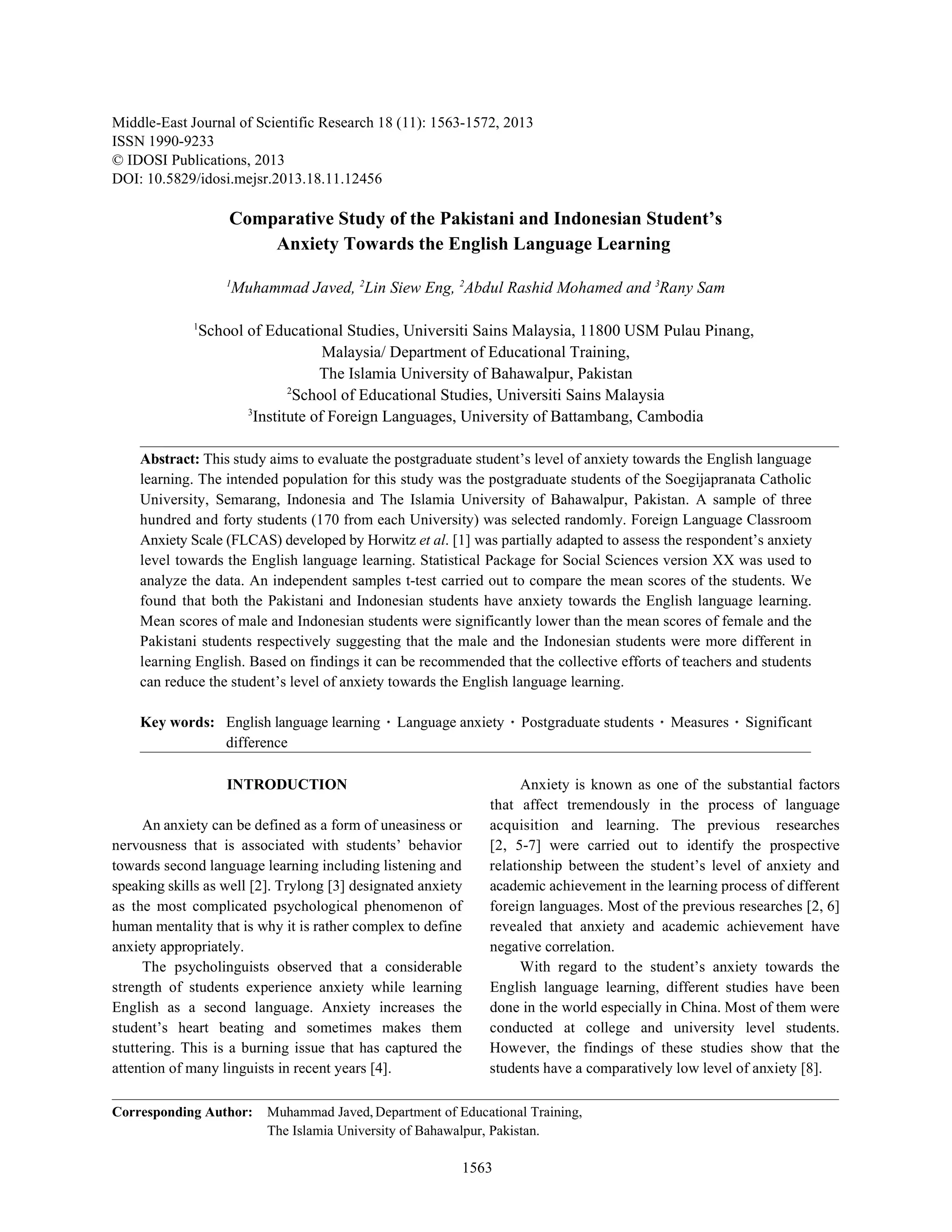 Comparative study of the pakistani and indonesian student’s anxiety towards the english language ...