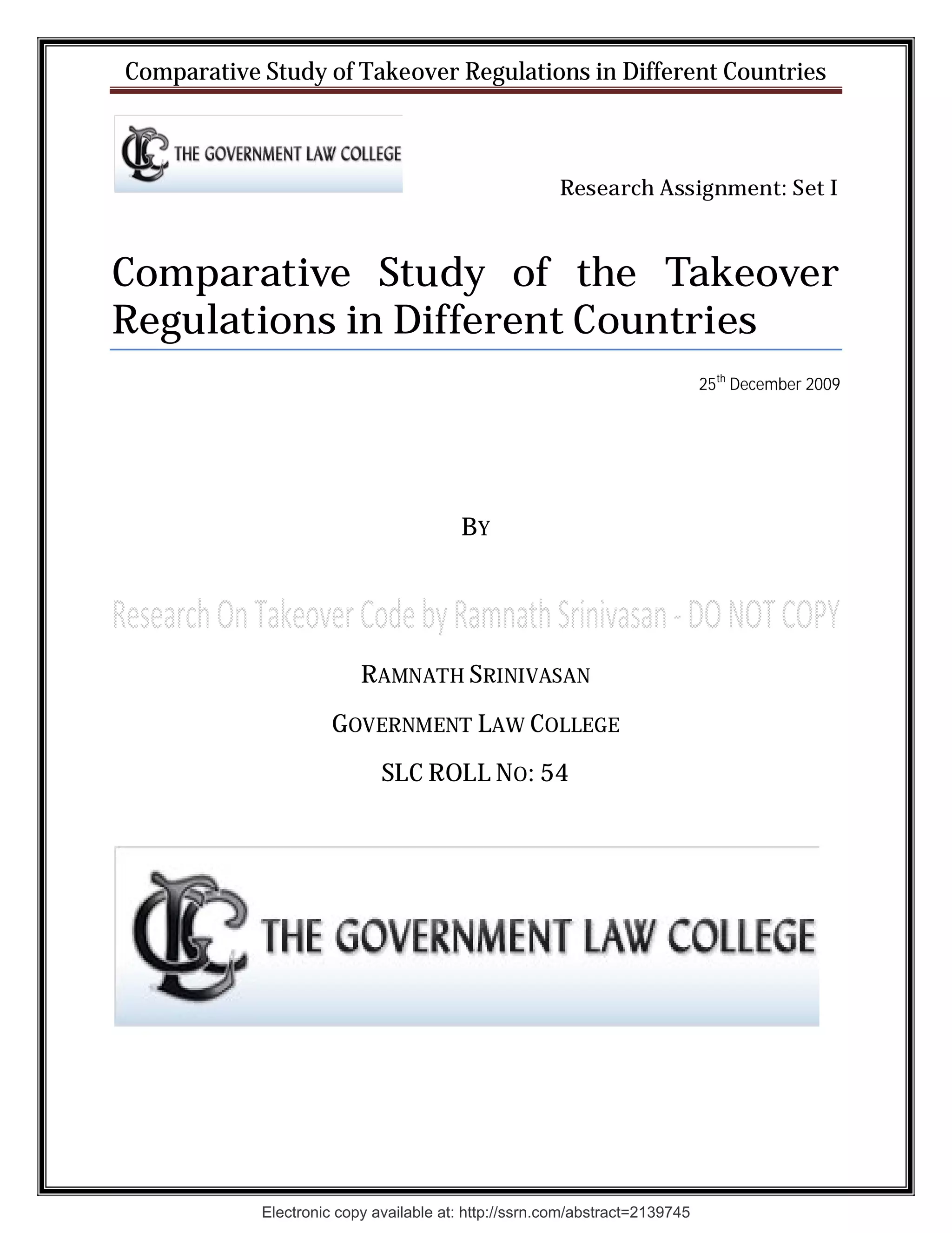 Comparative study of the takeover regulations prevailing in different ...