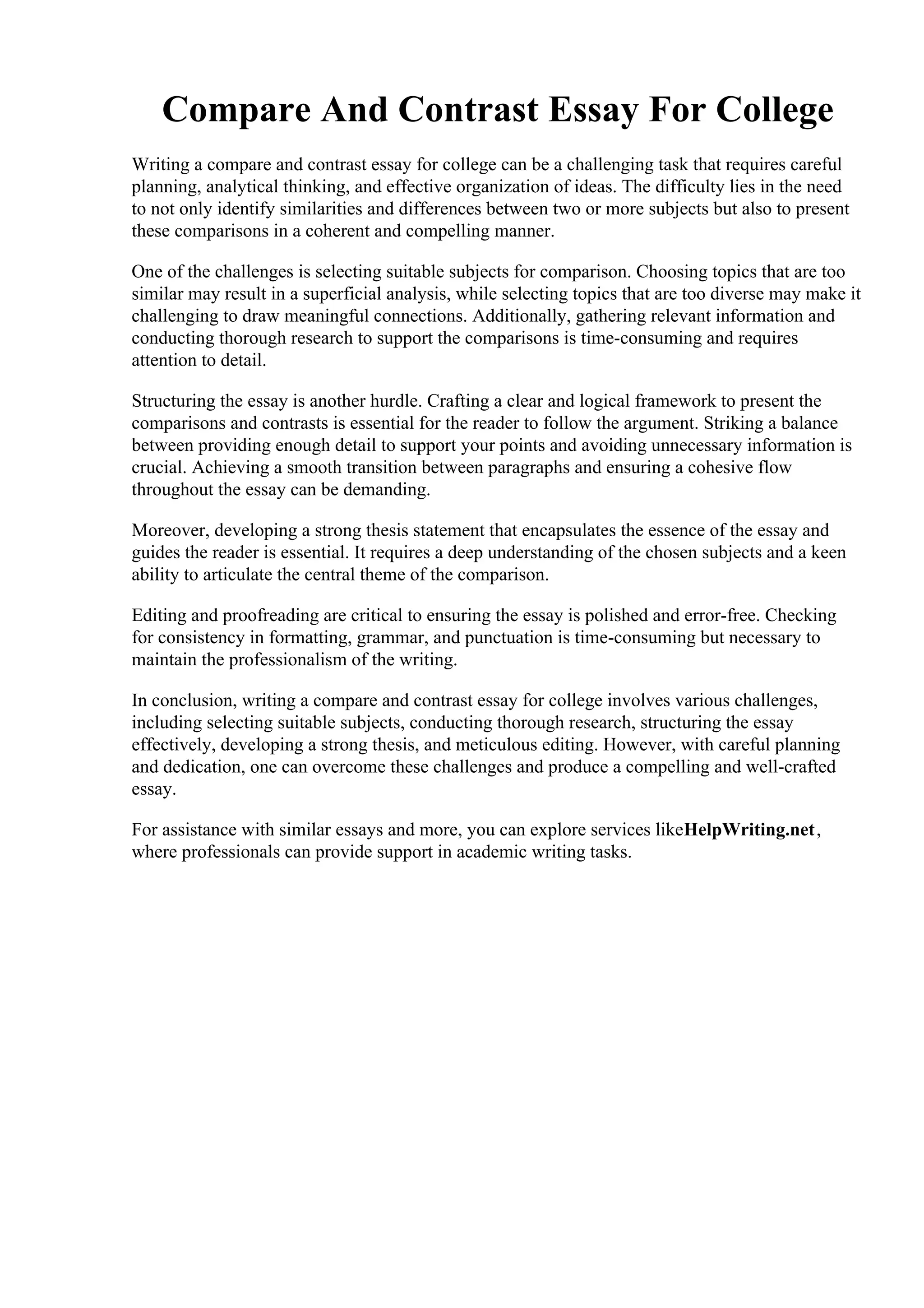 Compare And Contrast Essay For College | PDF