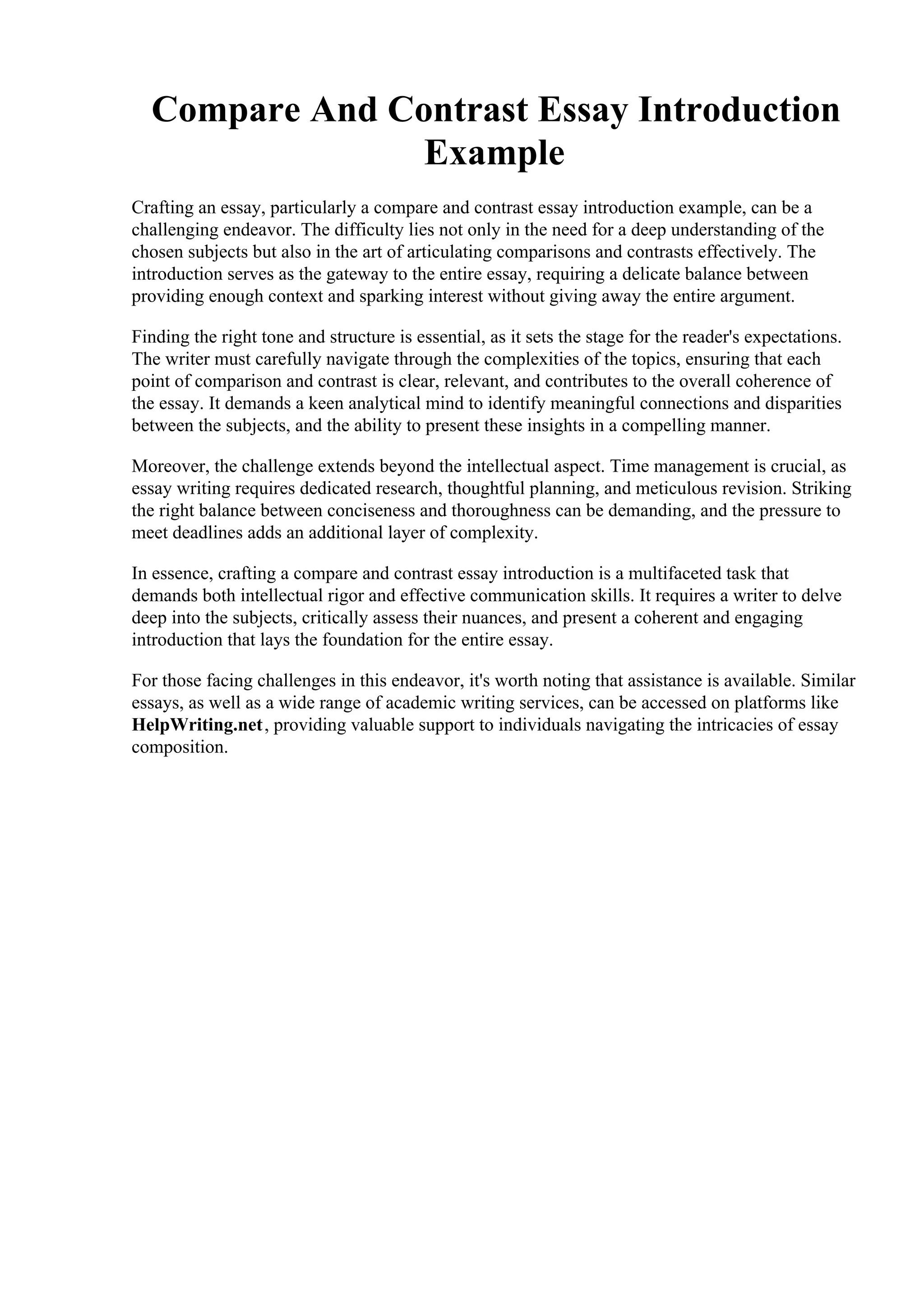 Compare And Contrast Essay Introduction Example | PDF