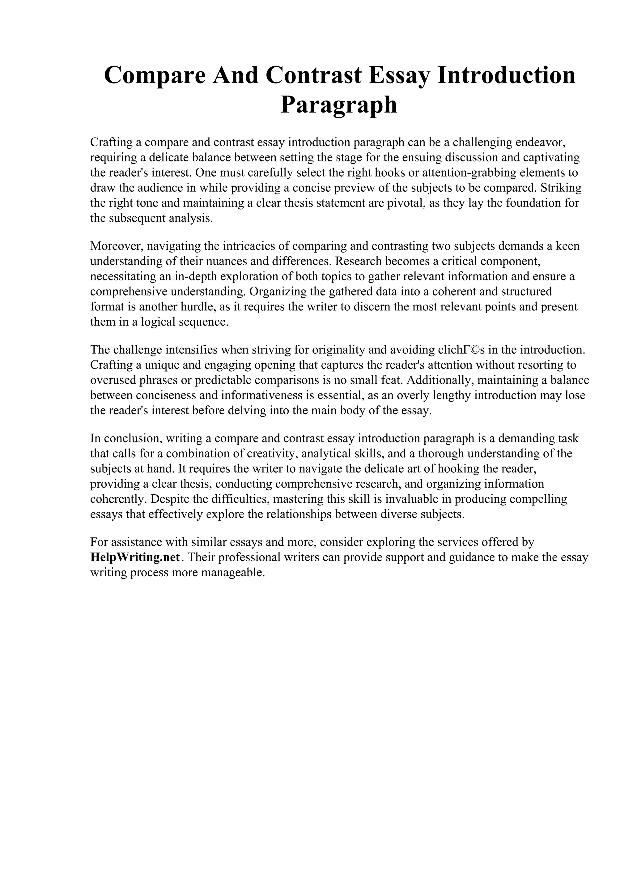 Compare And Contrast Essay Introduction Paragraph | PDF