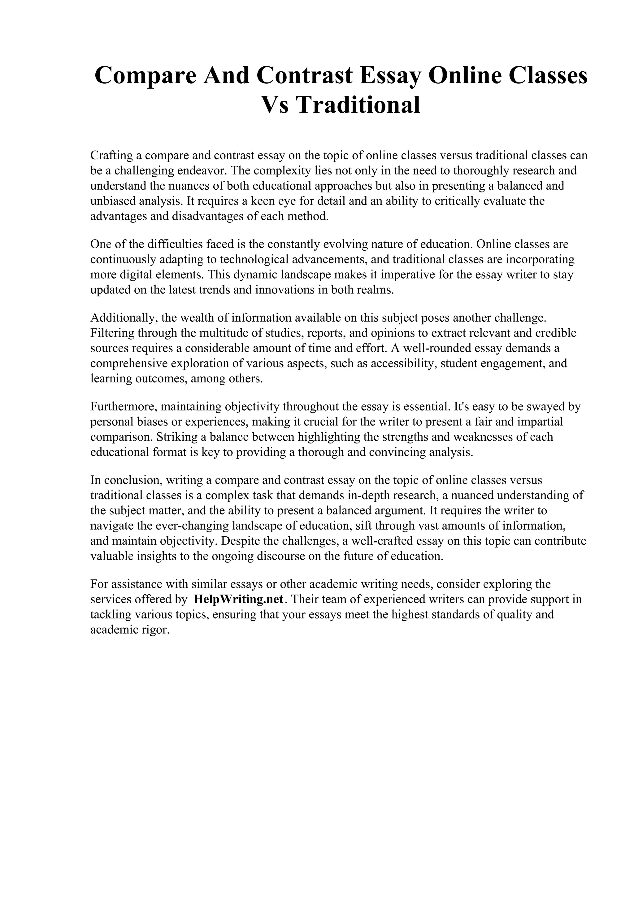 Compare And Contrast Essay Online Classes Vs Traditional | PDF