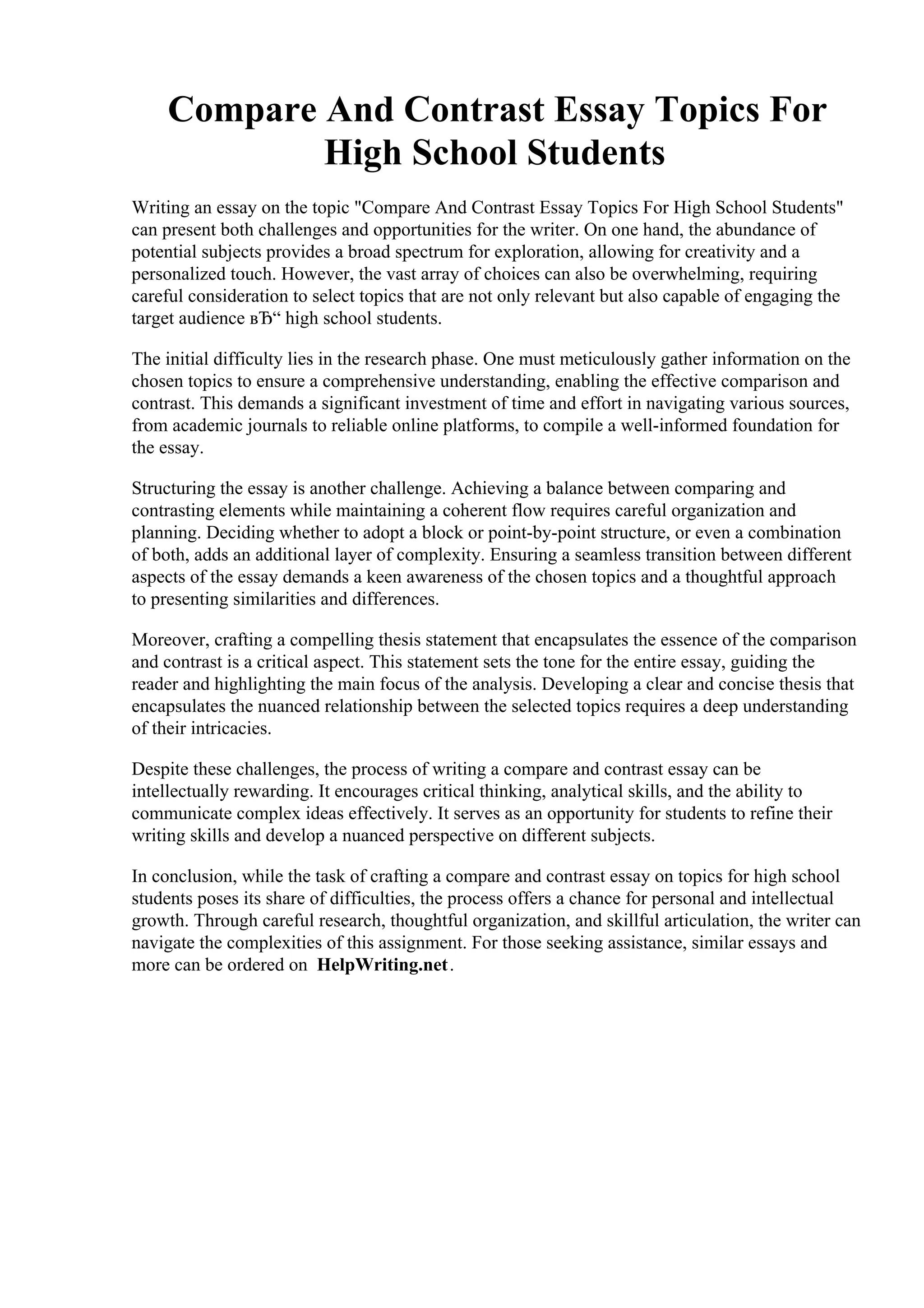 Compare And Contrast Essay Topics For High School Students | PDF