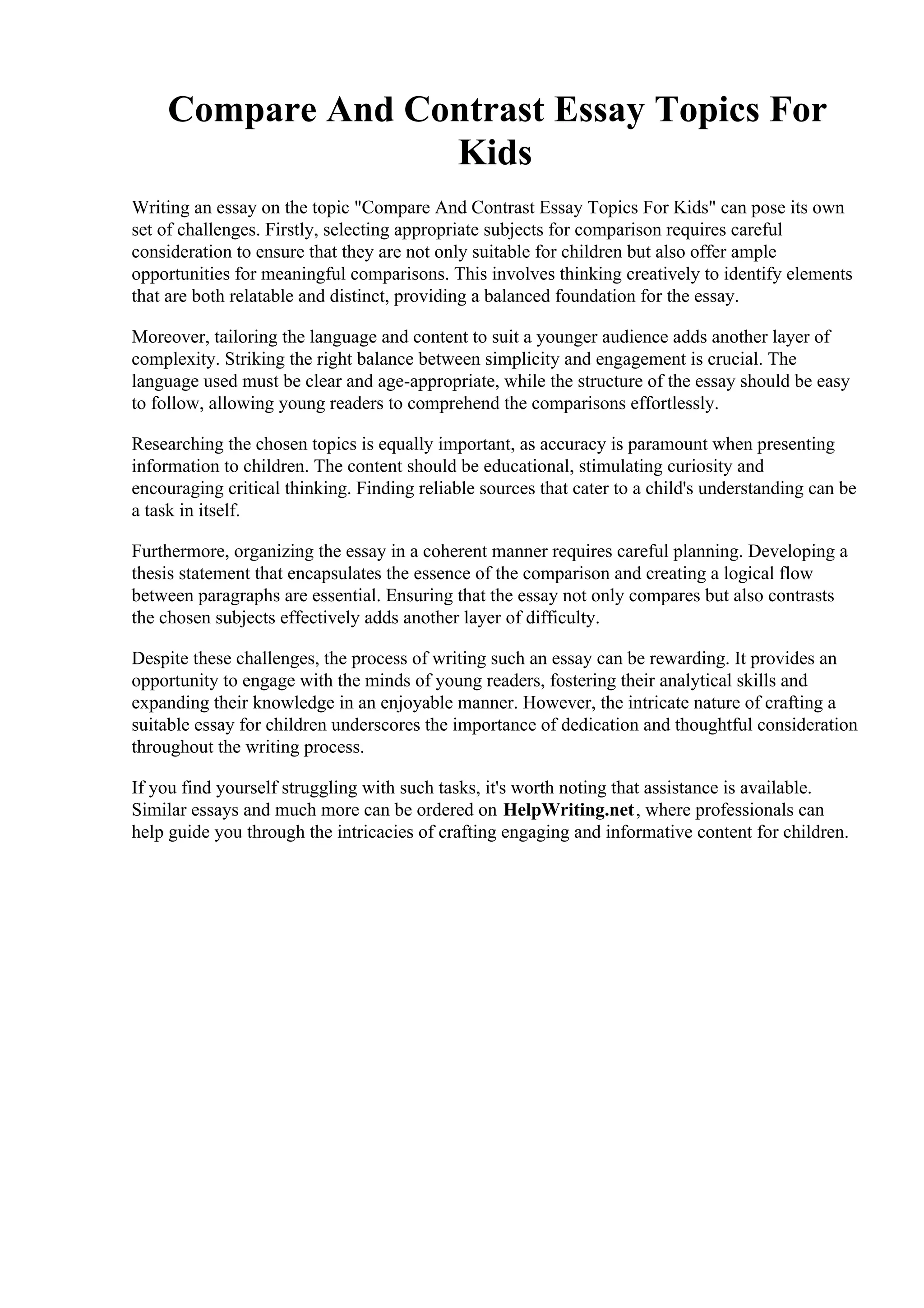 Compare And Contrast Essay Topics For Kids | PDF