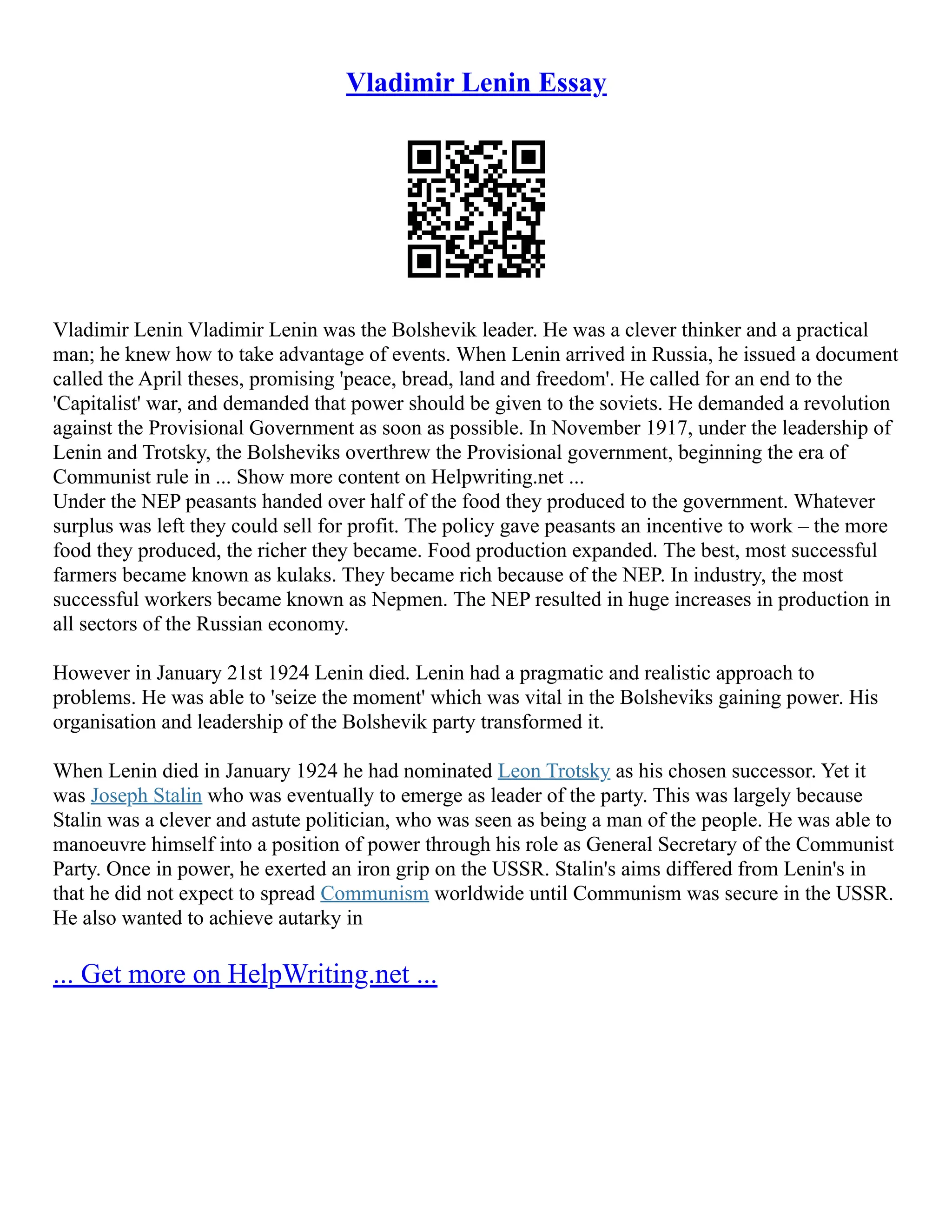 Compare And Contrast Lenin And Stalin | PDF