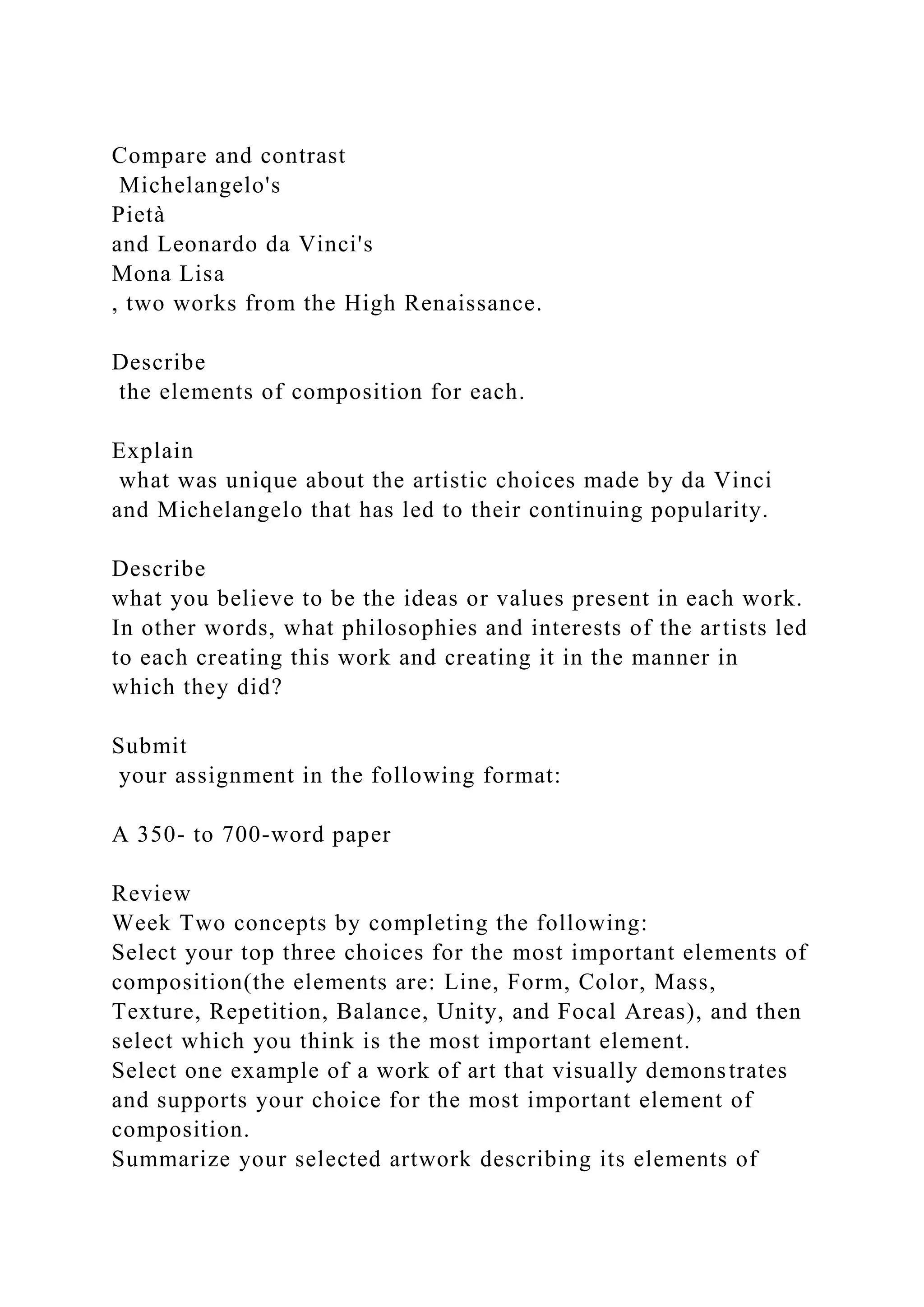 Compare and contrast Michelangelos Pietà and Leonardo da Vinc.docx