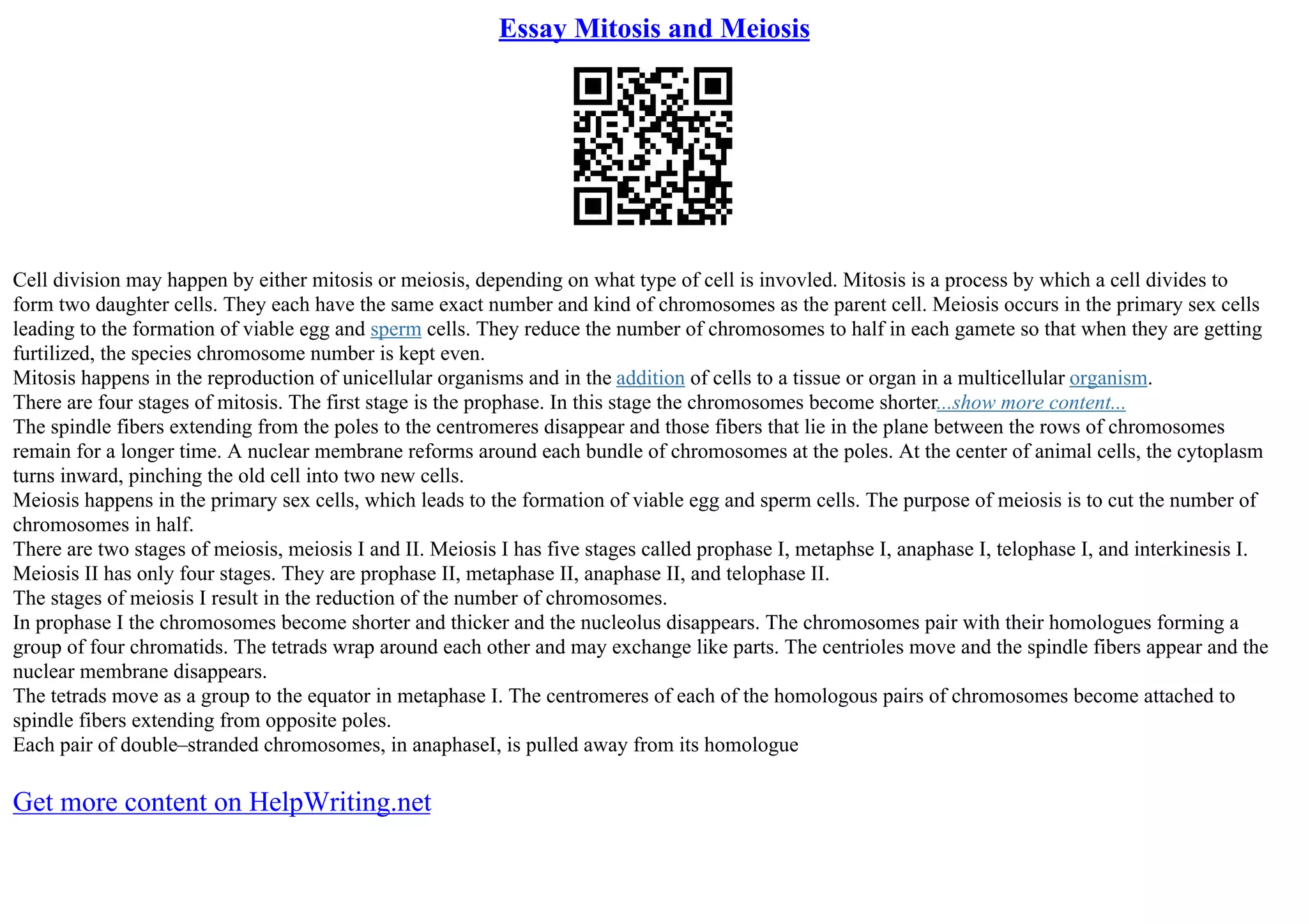 Compare And Contrast Mitosis And Meiosis | PDF