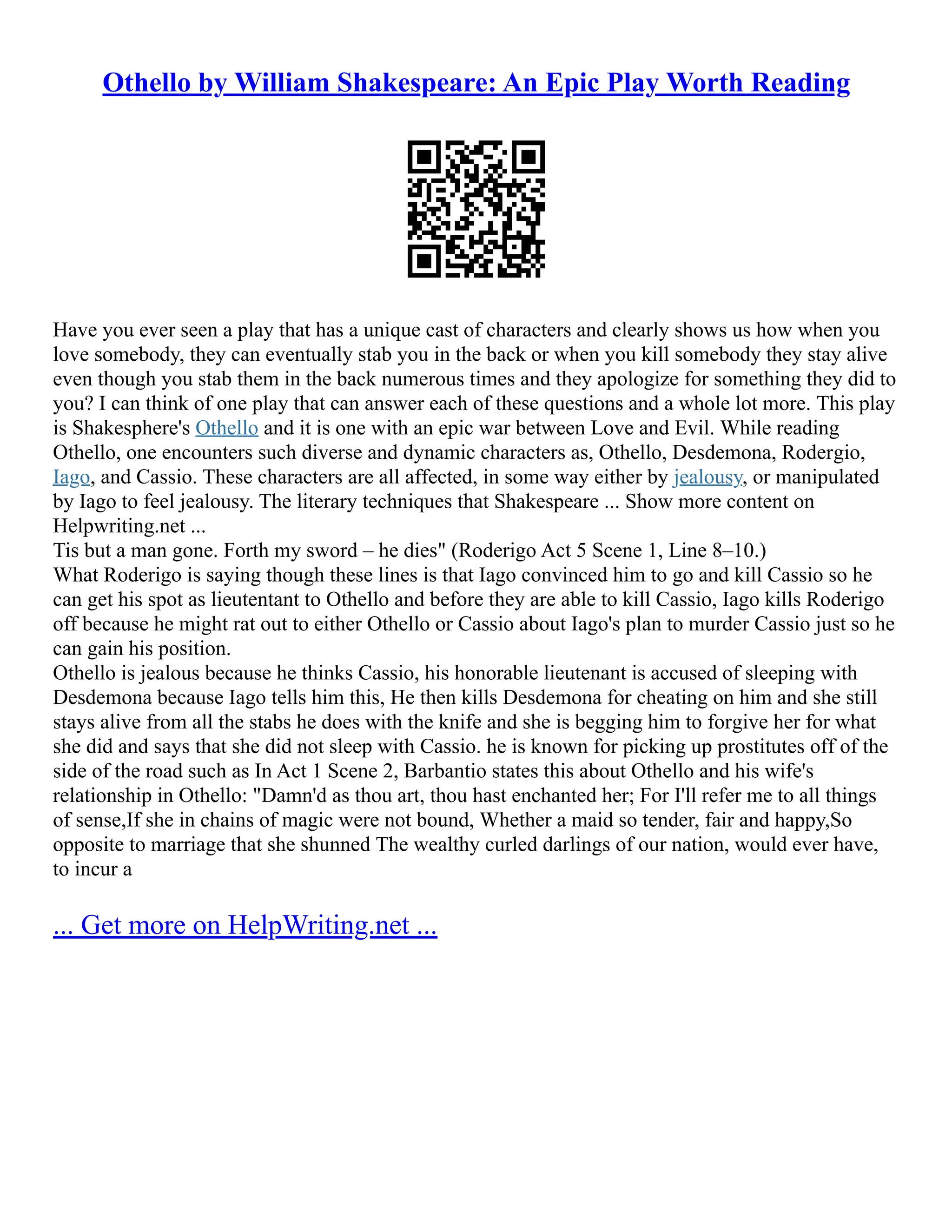 Compare And Contrast Othello Play And Movie | PDF