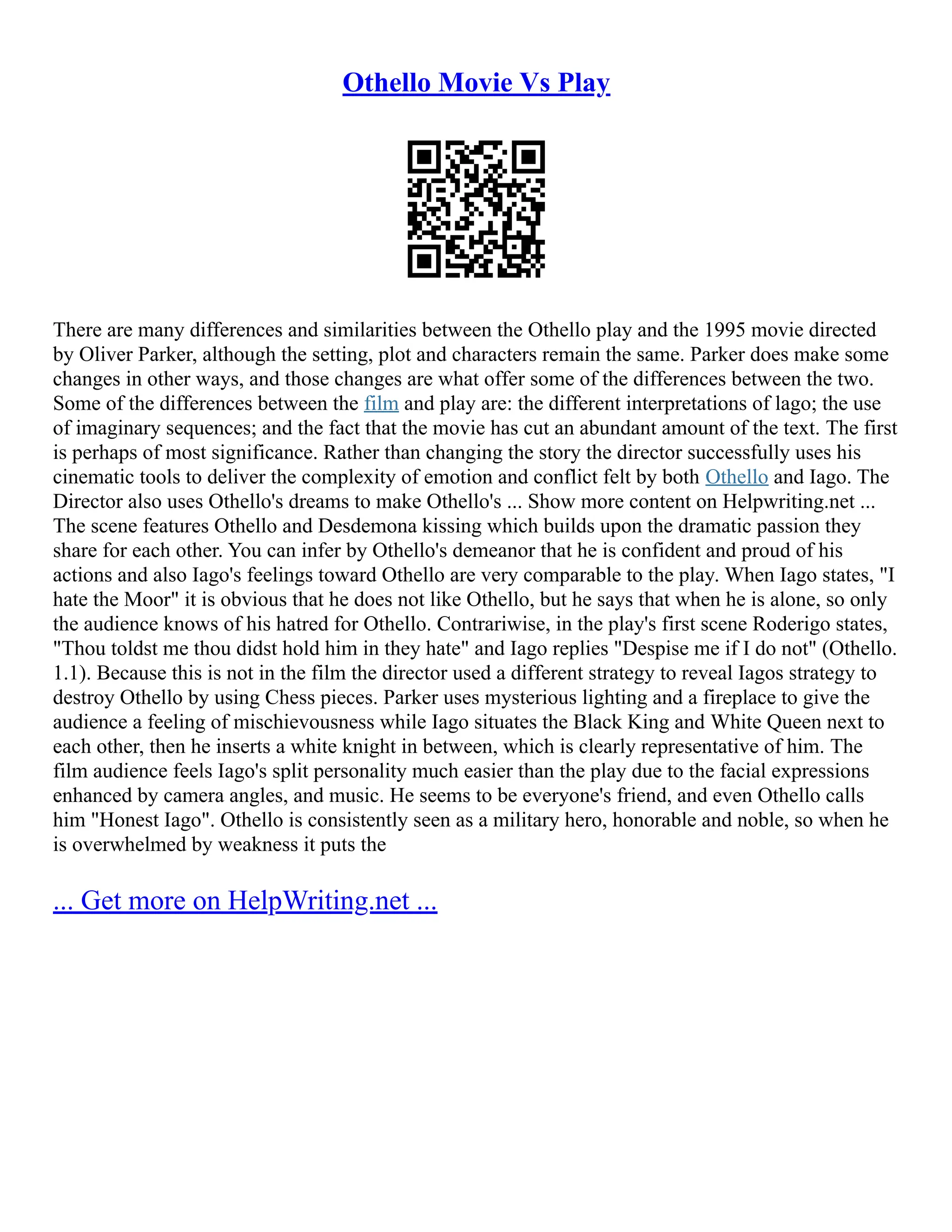 Compare And Contrast Othello Play And Movie | PDF