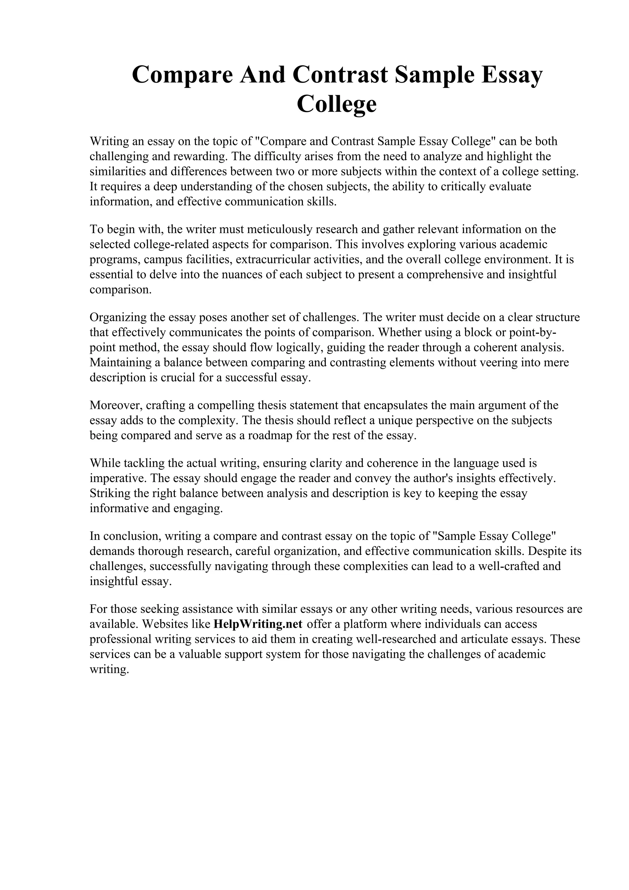 Compare And Contrast Sample Essay College.pdf