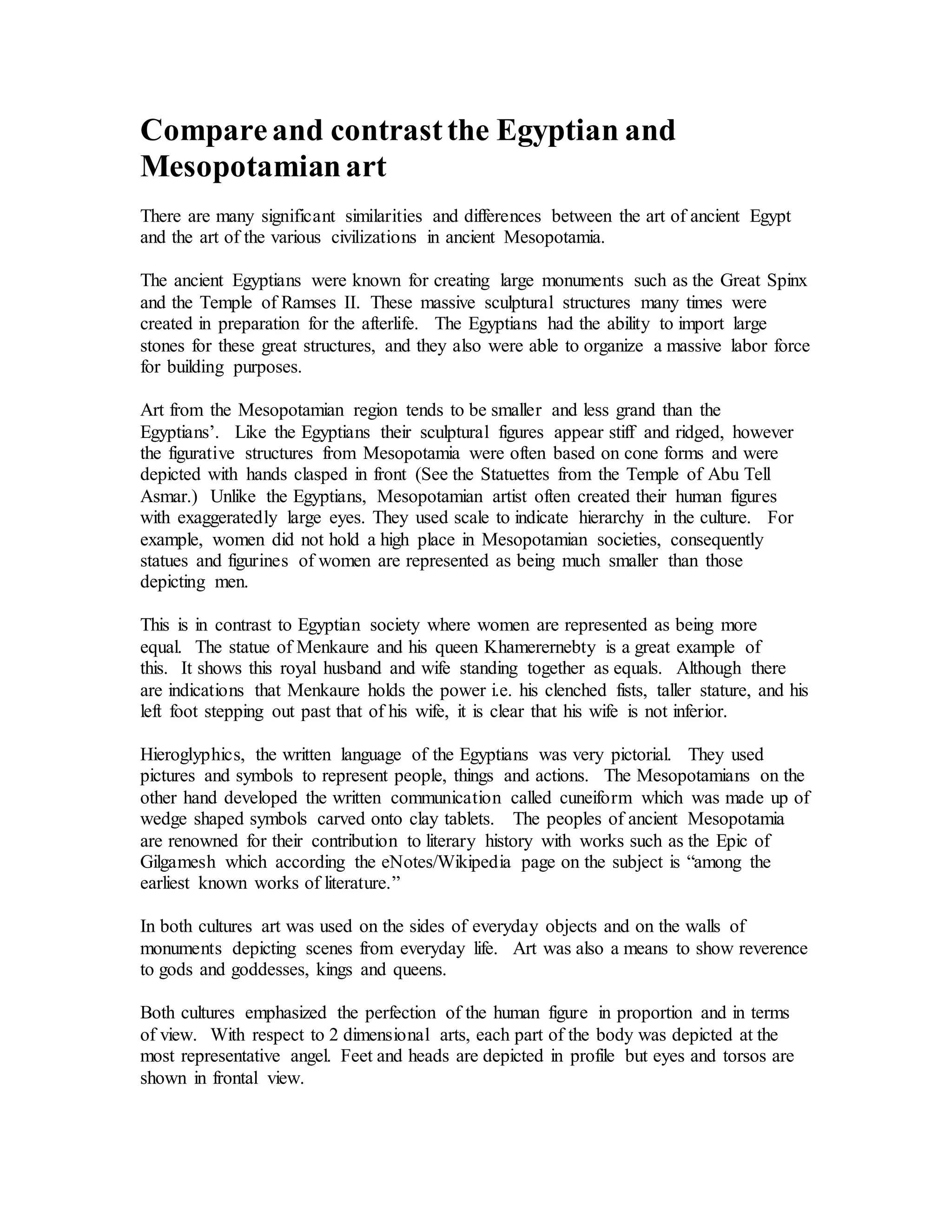 [Assignment/Research] and contrast the egyptian and mesopotamian art | DOCX