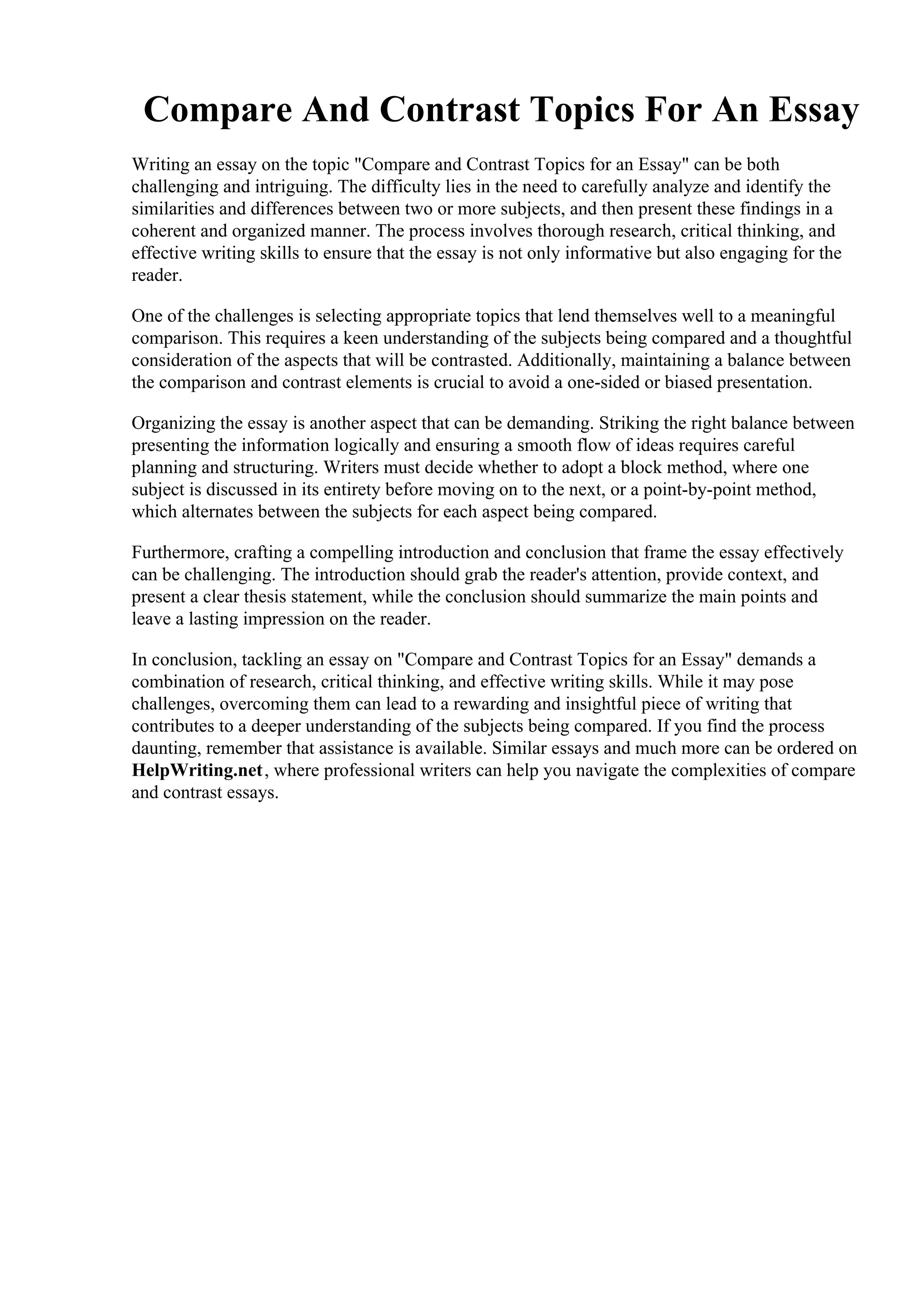 Compare And Contrast Topics For An Essay | PDF