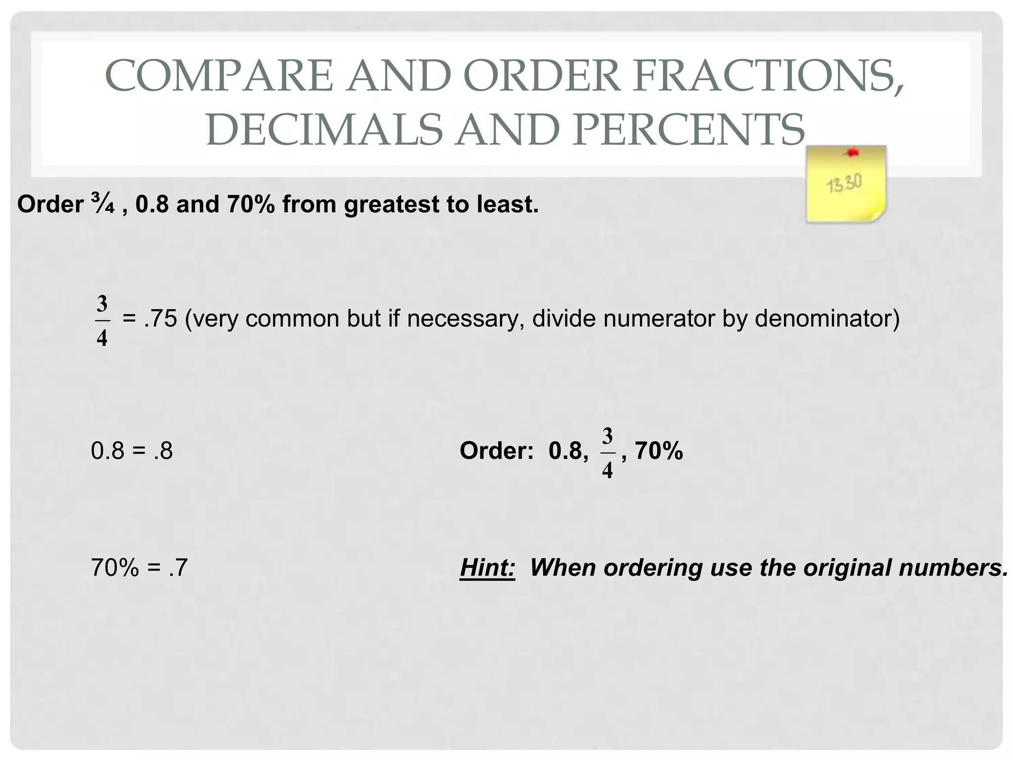 Compare and order_fractions_decimals_and_percents | PPTX