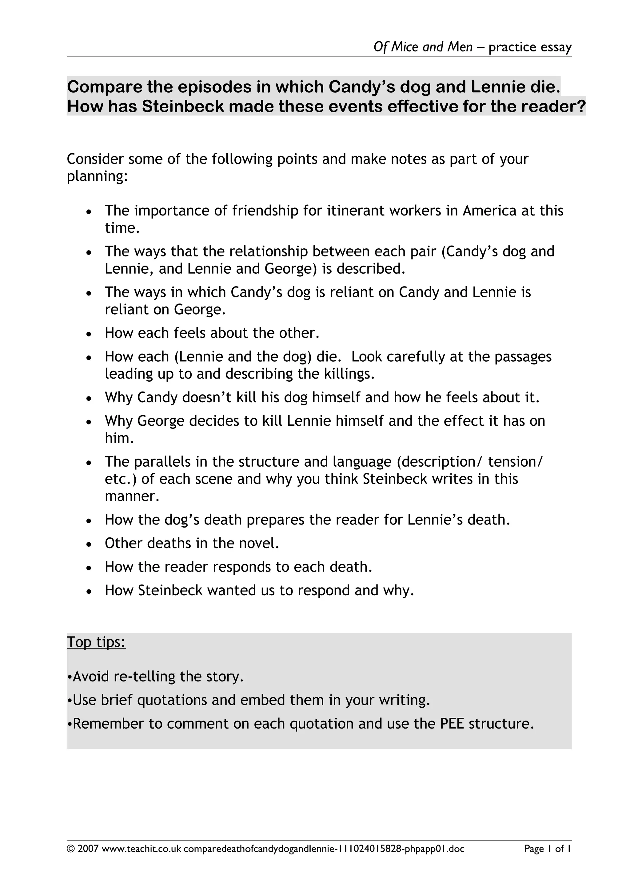 Compare death of candy dog and lennie | DOC