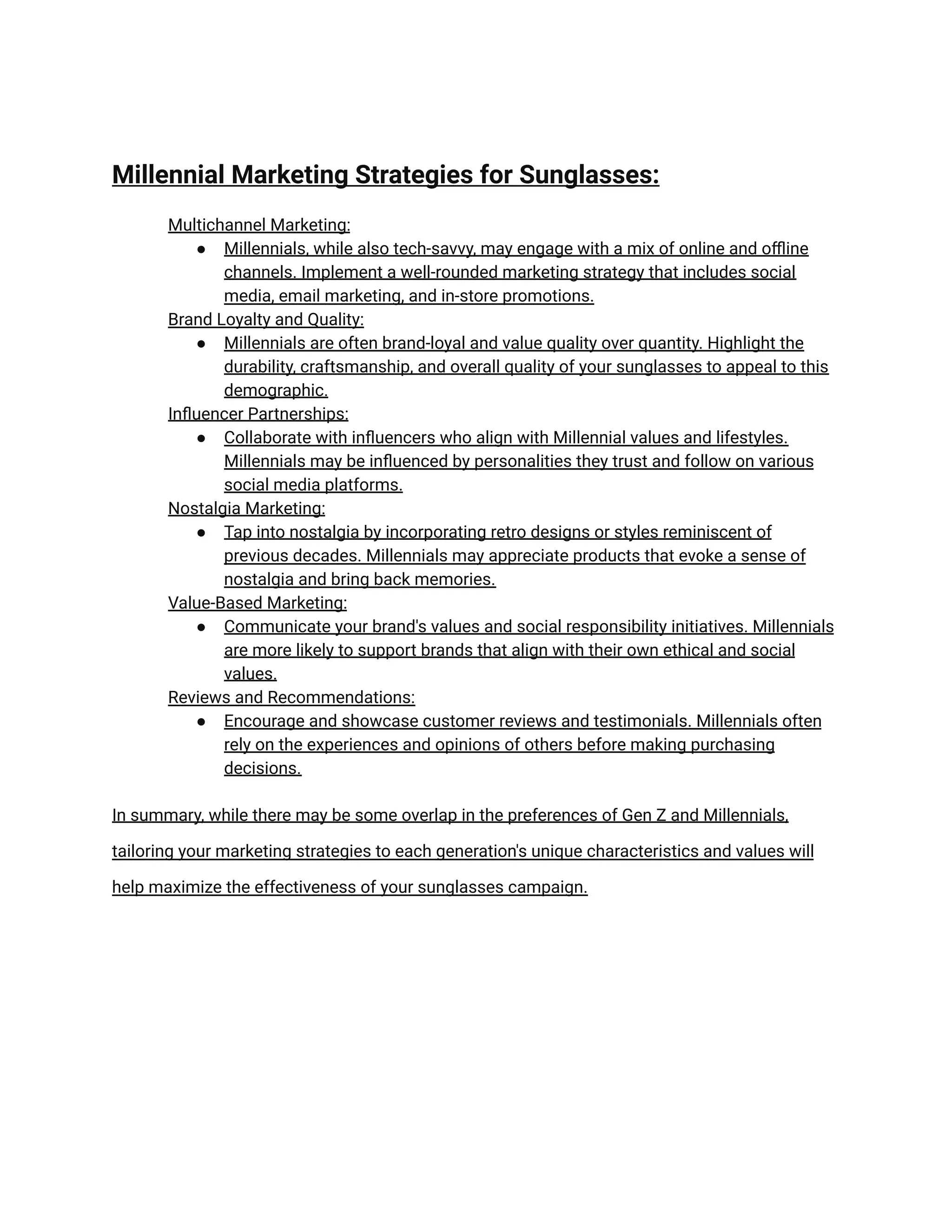 Compare Gen Z and Millennial marketing strategies for sunglasses | PDF