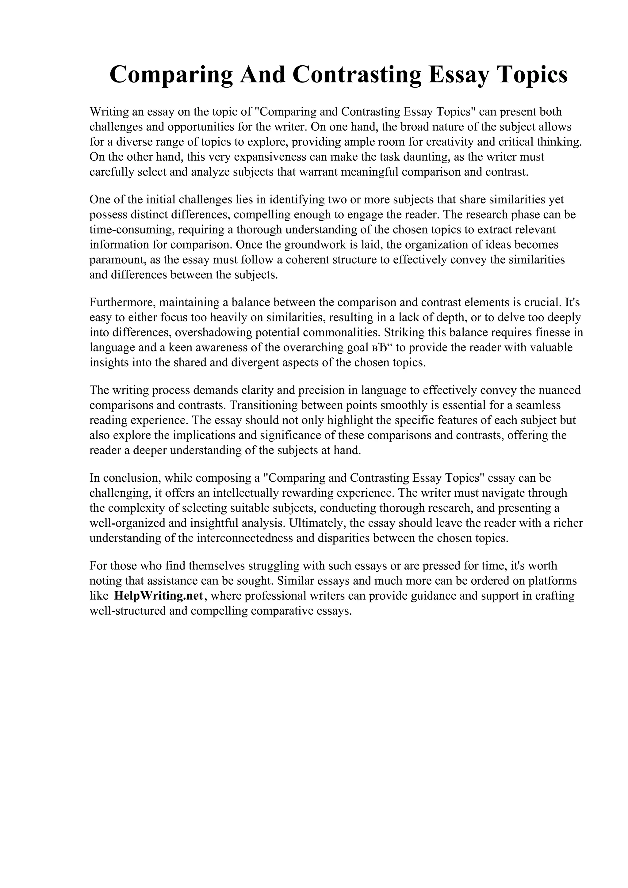 Comparing And Contrasting Essay Topics. Compare amp; Contrast Essays ...