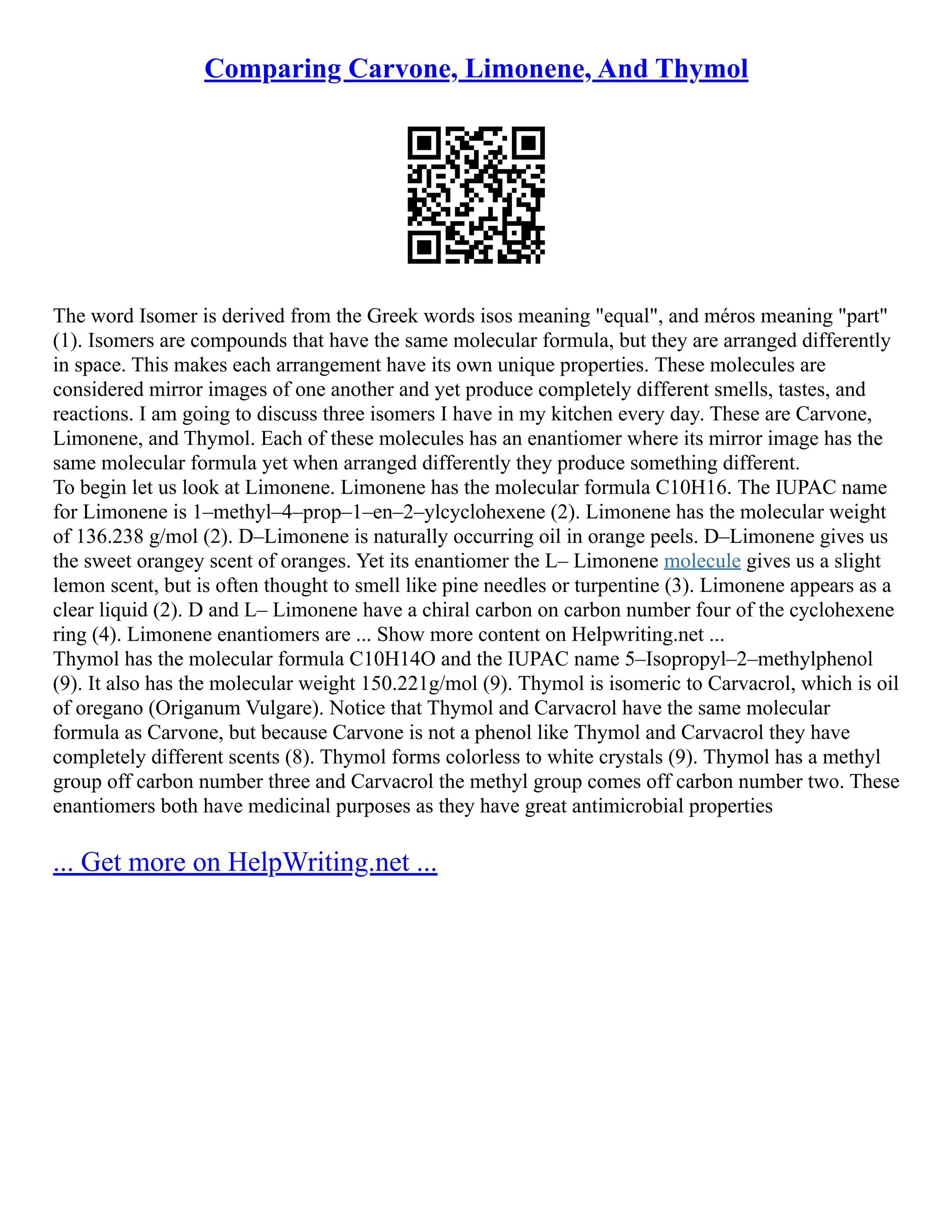 Comparing Carvone, Limonene, And Thymol | PDF