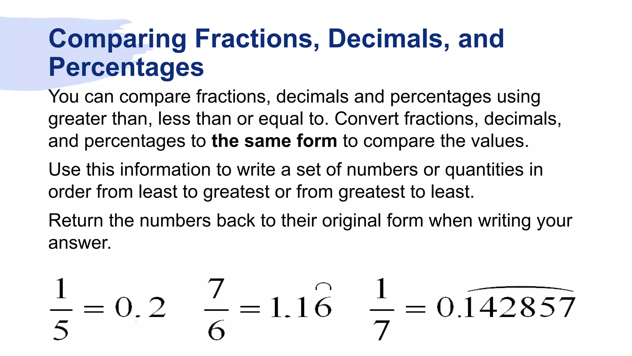 Comparing Fractions Decimals and Percentages | PPTX