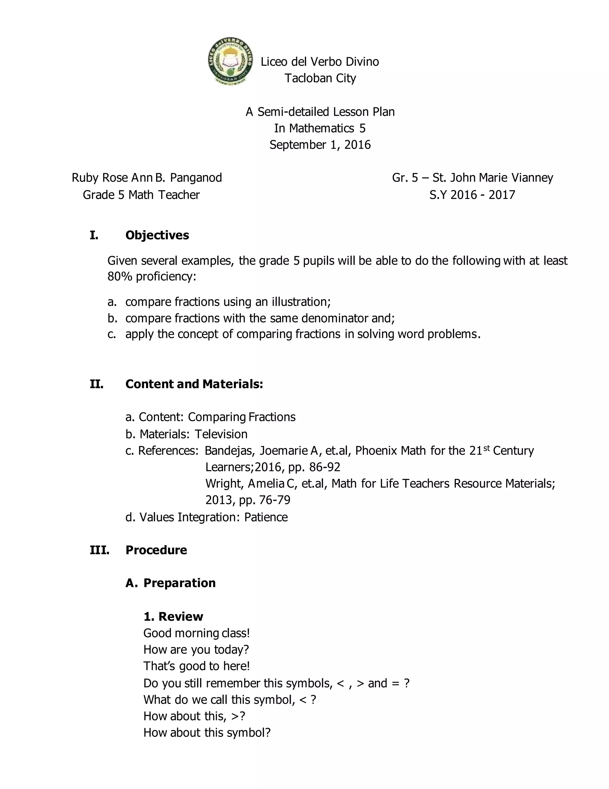 Comparing fractions (semi detailed lesson plan) | DOCX