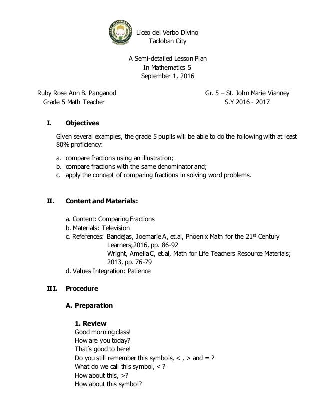 Comparing Fractions semi Detailed Lesson Plan Comparing Fractions semi Detailed Lesson Plan