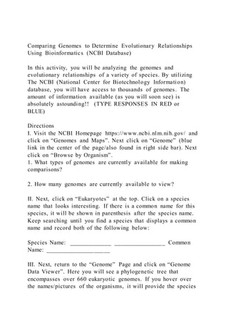 Comparing Genomes to Determine Evolutionary RelationshipsUsing B | DOCX