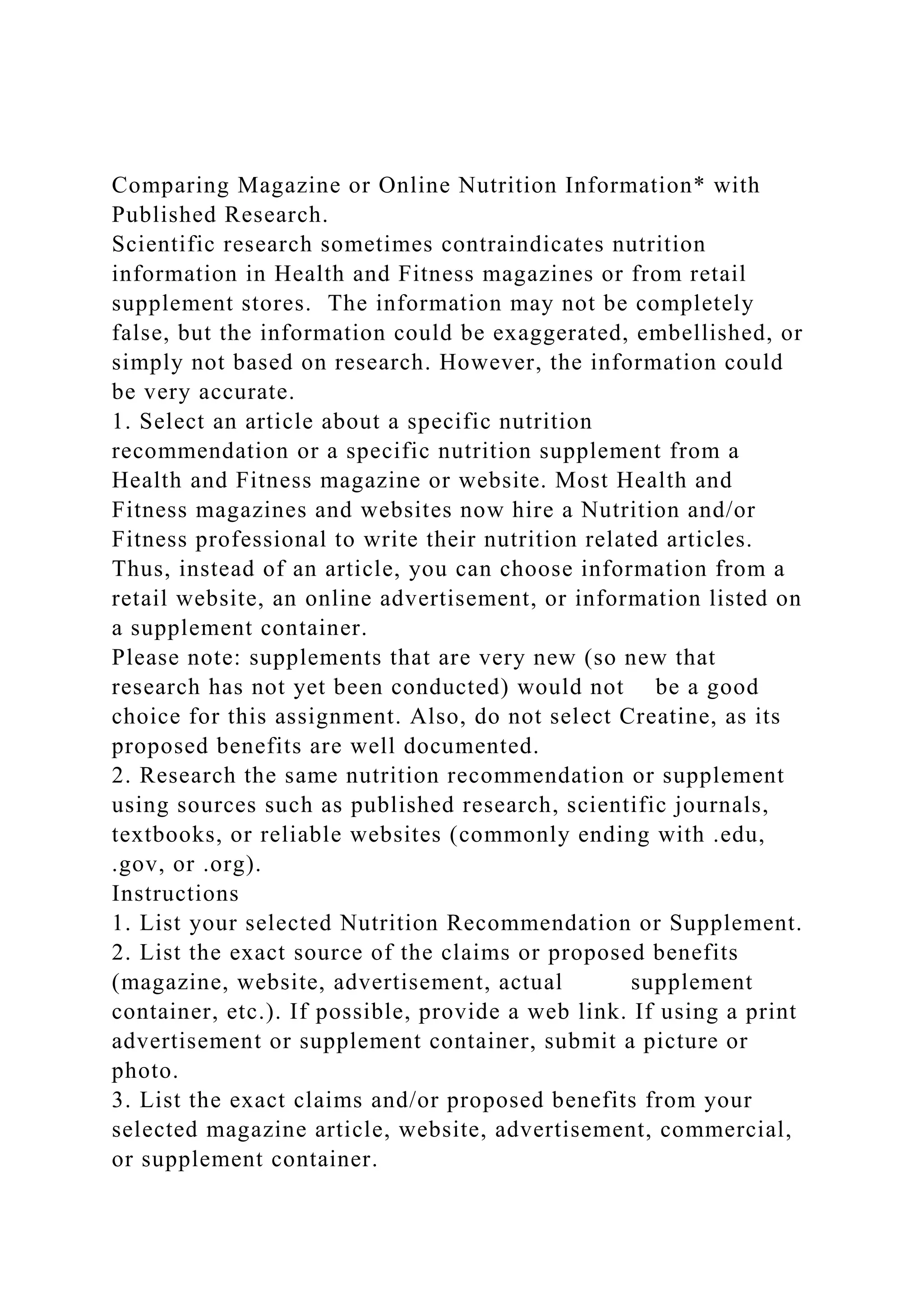 Comparing Magazine or Online Nutrition Information with Published.docx