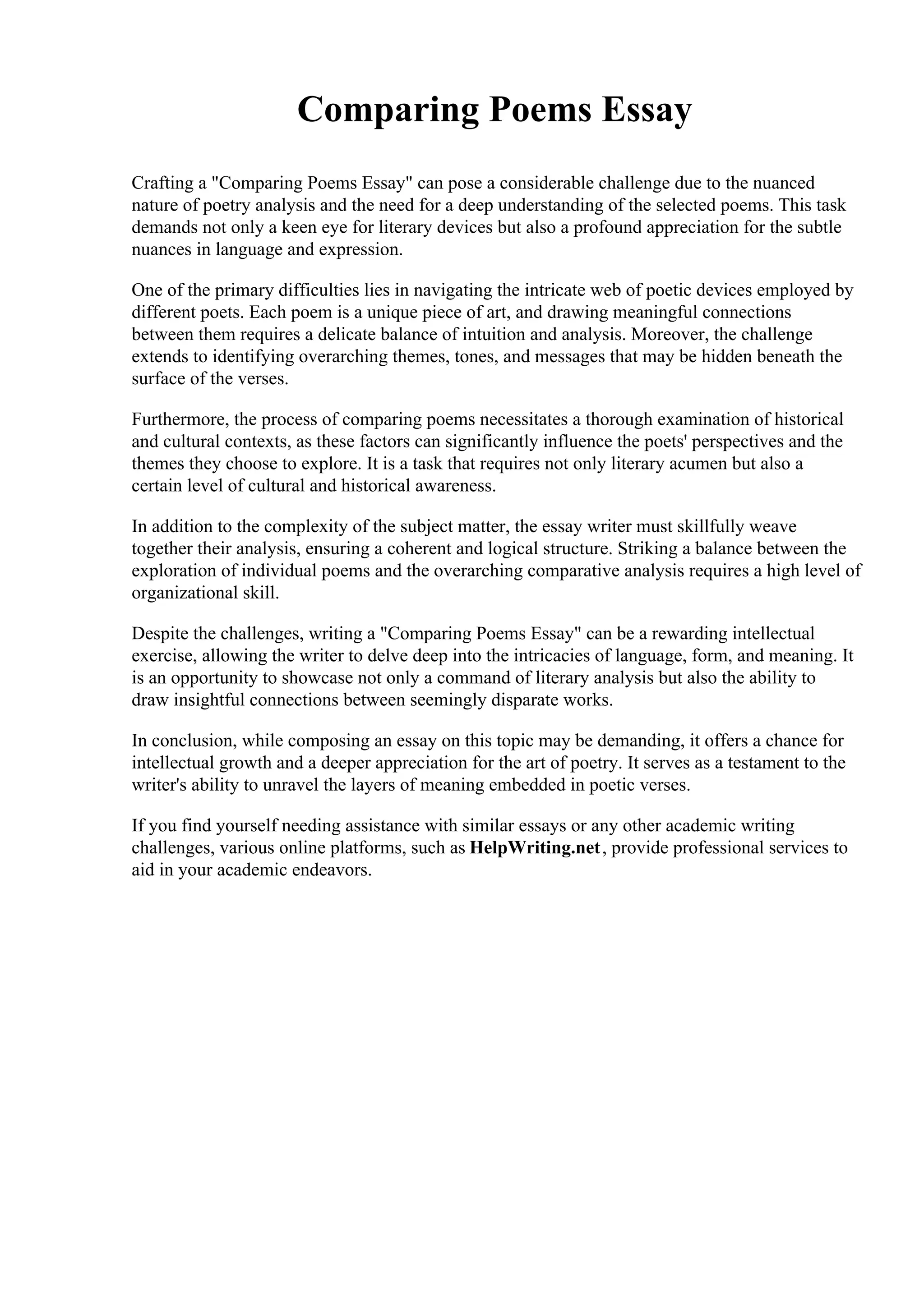 Comparing Poems Essay. Dabney S. Lancaster Community College | PDF