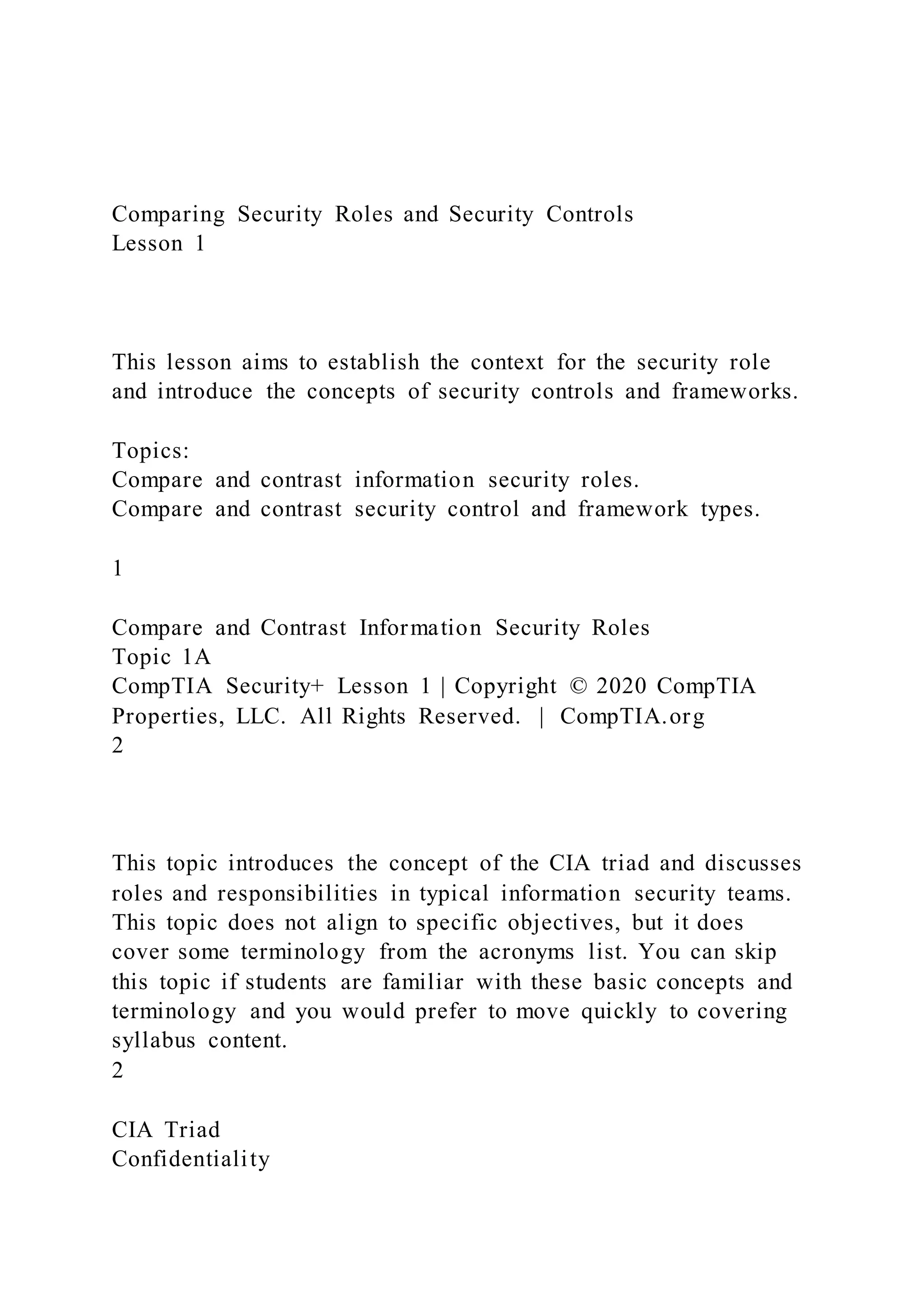 Comparing Security Roles and Security Controls Lesson 1 | DOCX