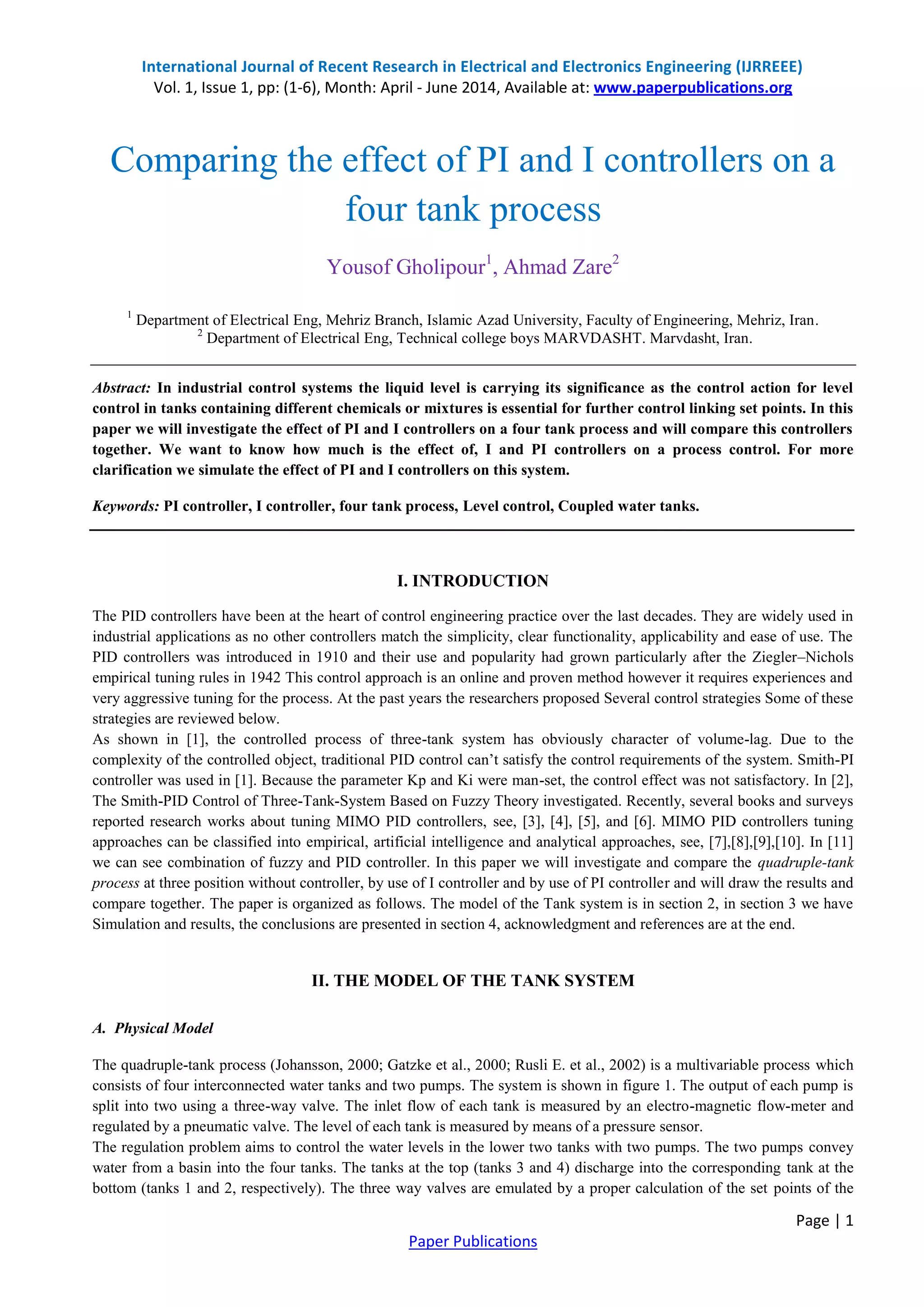 Comparing the effect of PI and I controllers on a four tank process | PDF