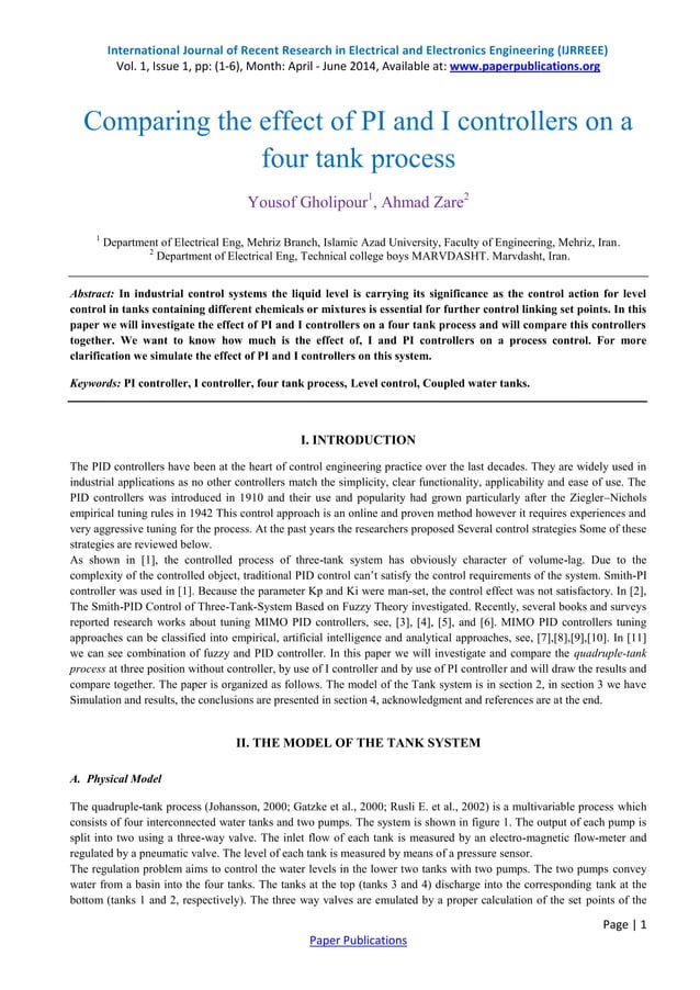 Comparing the effect of PI and I controllers on a four tank process | PDF