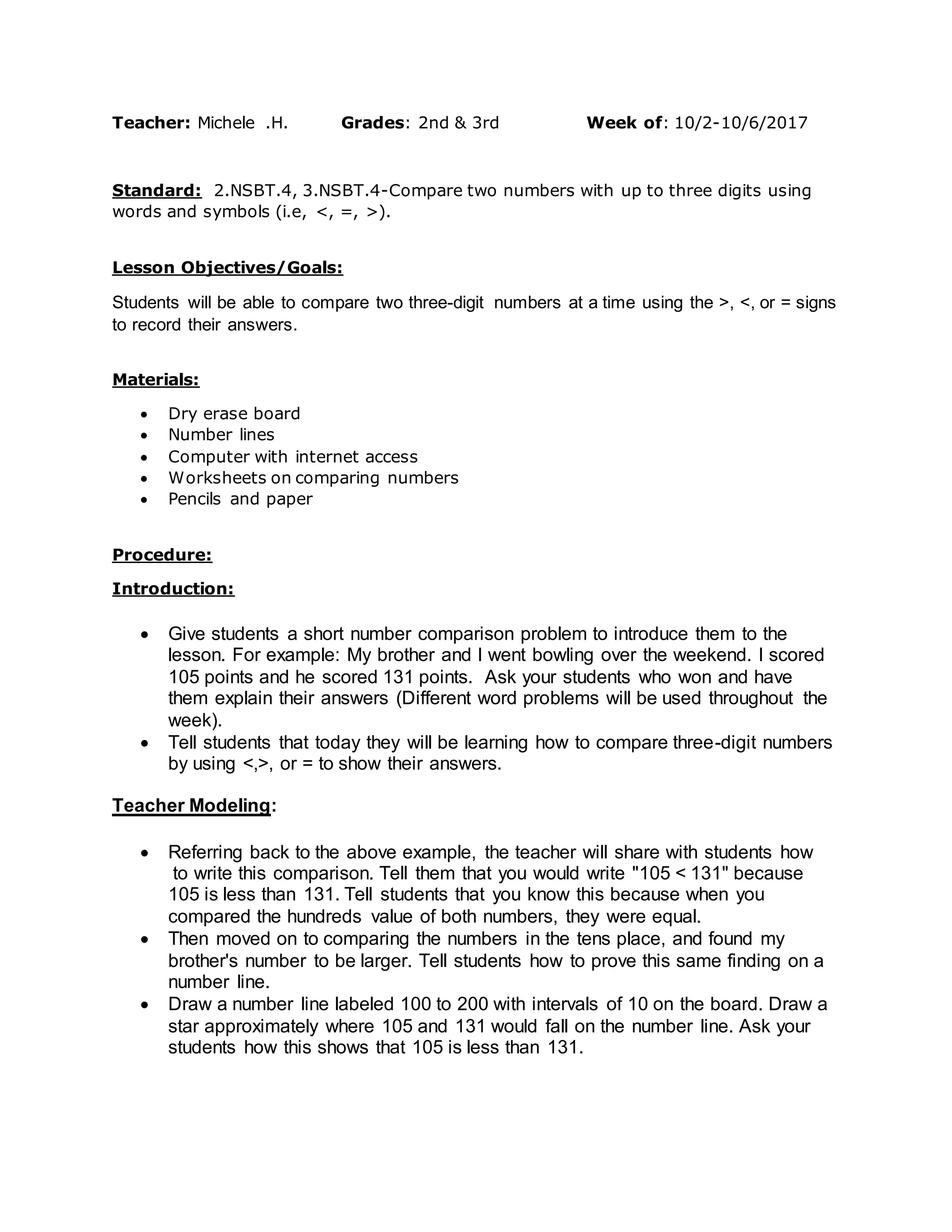 Comparing three digit numbers math lesson plan 12-20-2017 | DOCX