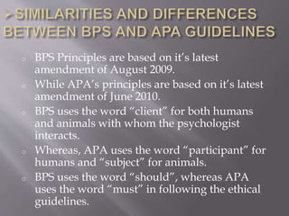 Comparision between bps and apa ethical guidelines 1 | PPTX