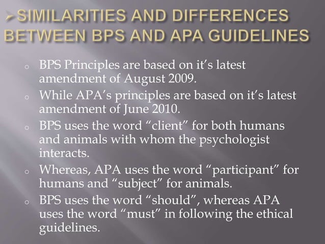 Comparision between bps and apa ethical guidelines 1 | PPTX
