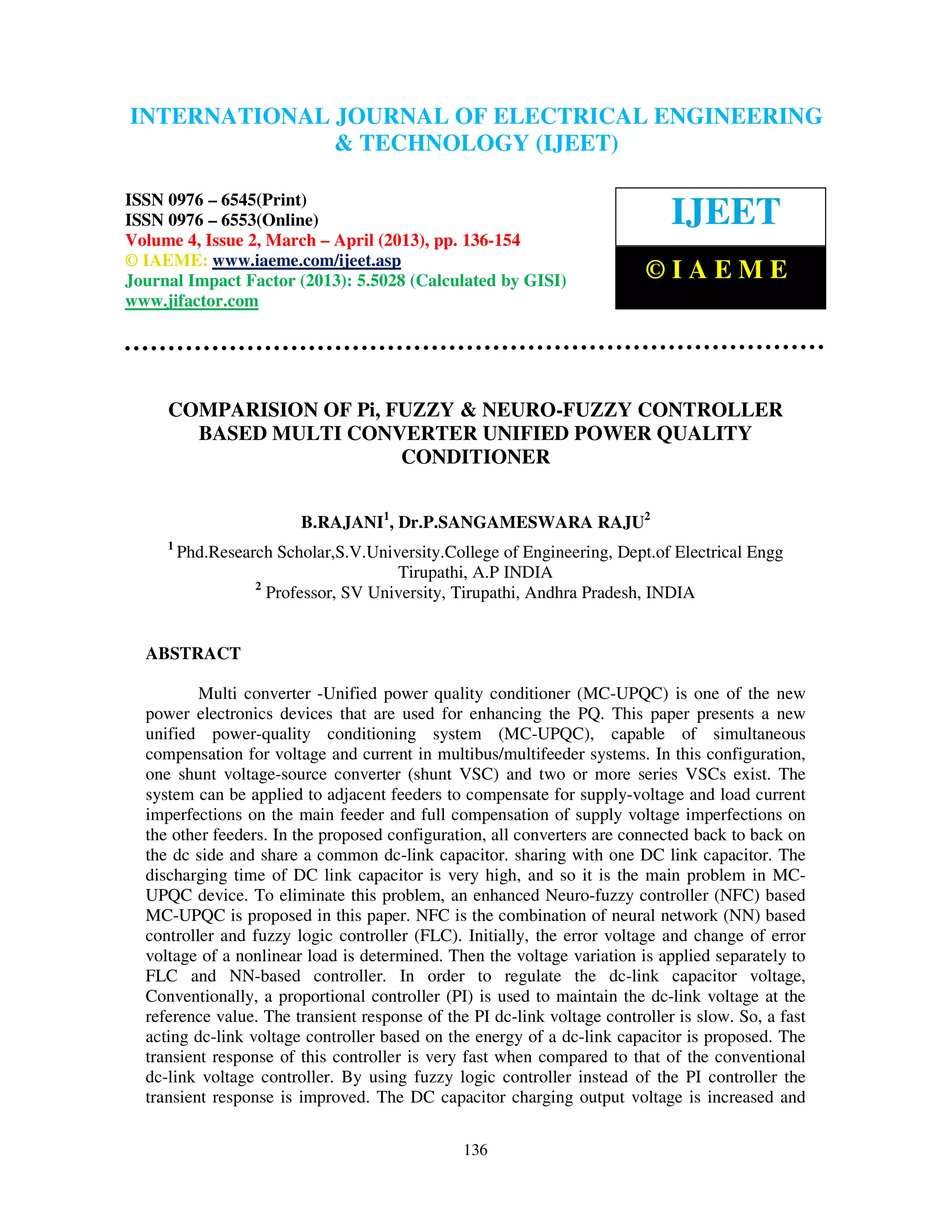 Comparision of pi, fuzzy & neuro fuzzy controller based multi converter unified power quality | PDF