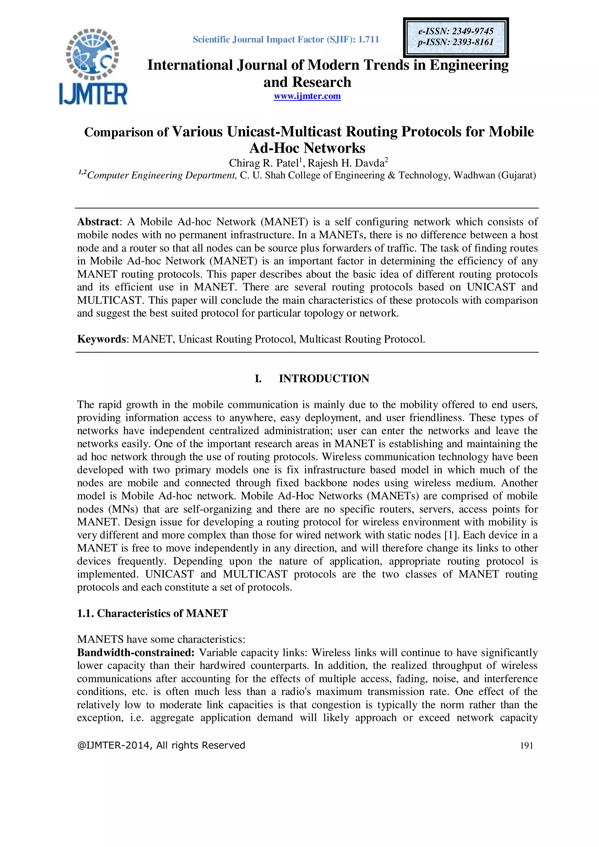 Comparison of Various Unicast-Multicast Routing Protocols for Mobile Ad-Hoc Networks | PDF ...