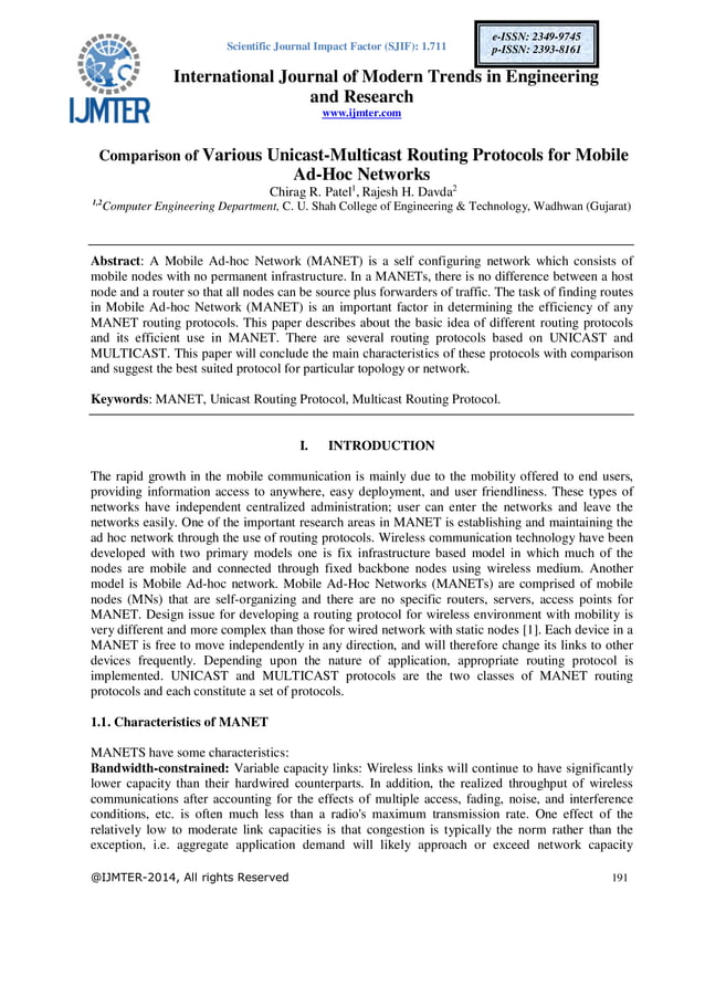Comparison of Various Unicast-Multicast Routing Protocols for Mobile Ad-Hoc Networks | PDF ...