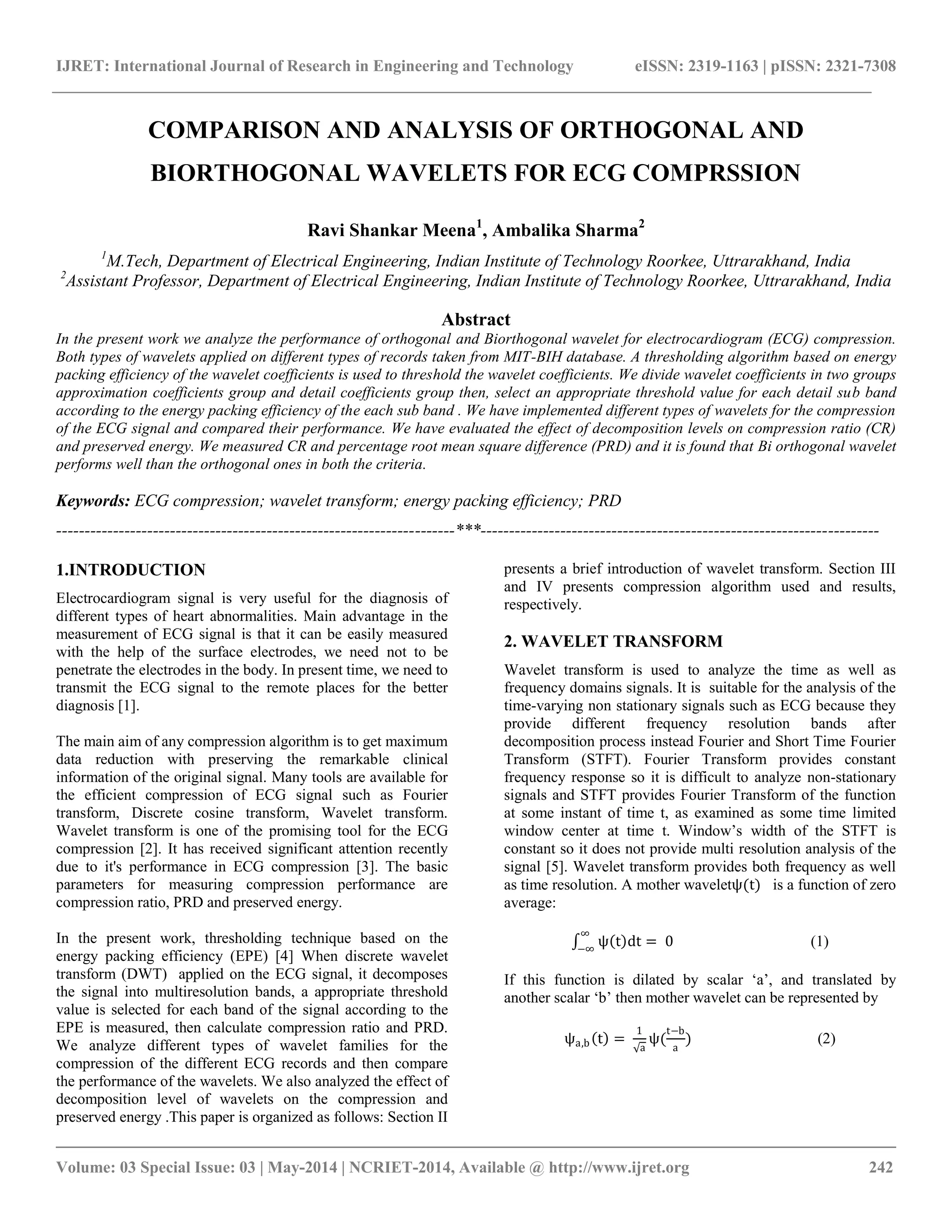 Comparison and analysis of orthogonal and biorthogonal wavelets for ecg comprssion | PDF