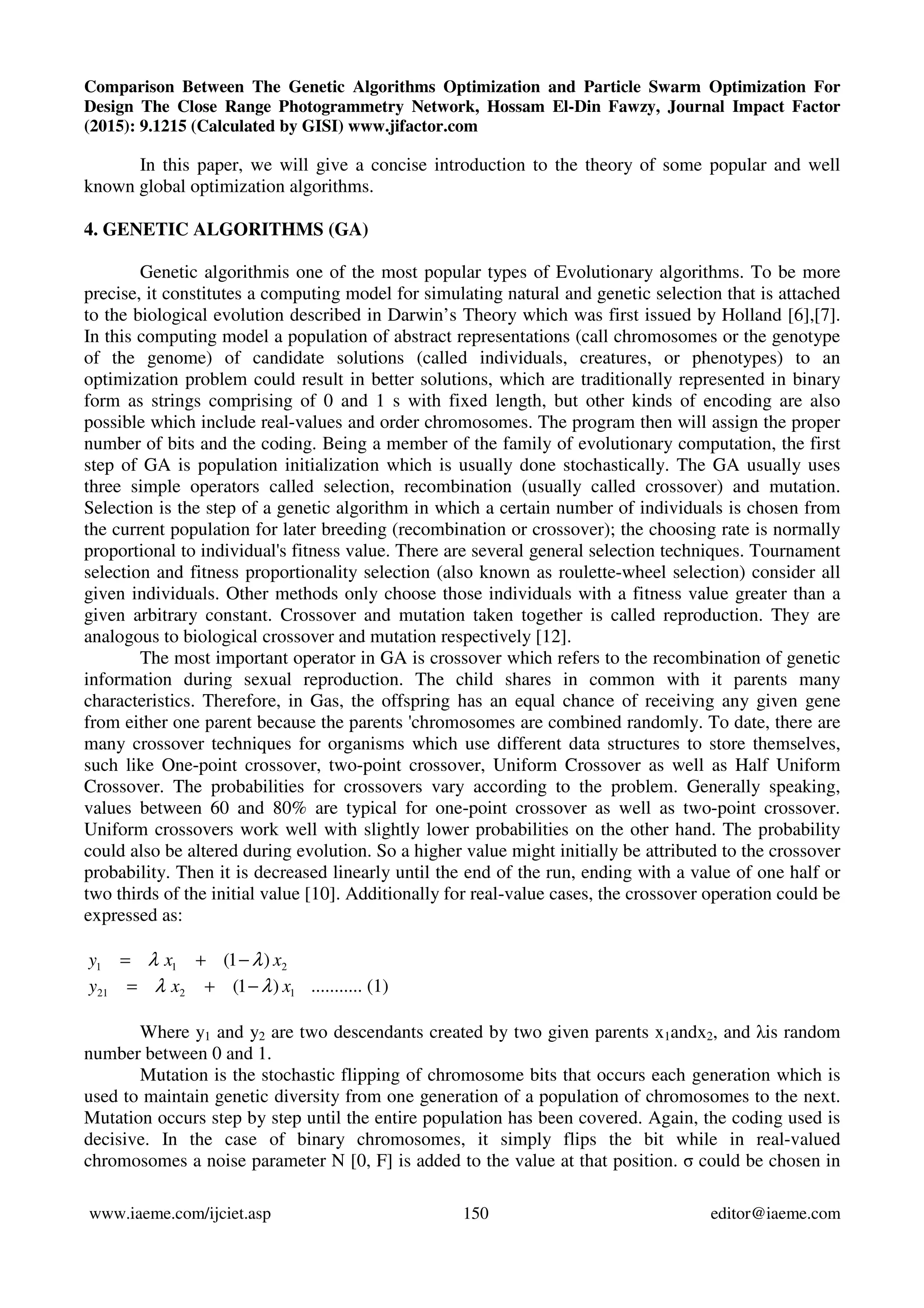 COMPARISON BETWEEN THE GENETIC ALGORITHMS OPTIMIZATION AND PARTICLE SWARM OPTIMIZATION FOR ...