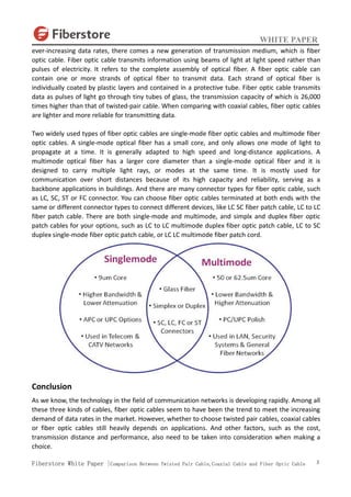 Comparison Between Twisted Pair Cable, Coaxial Cable and Fiber Optic Cable | PDF