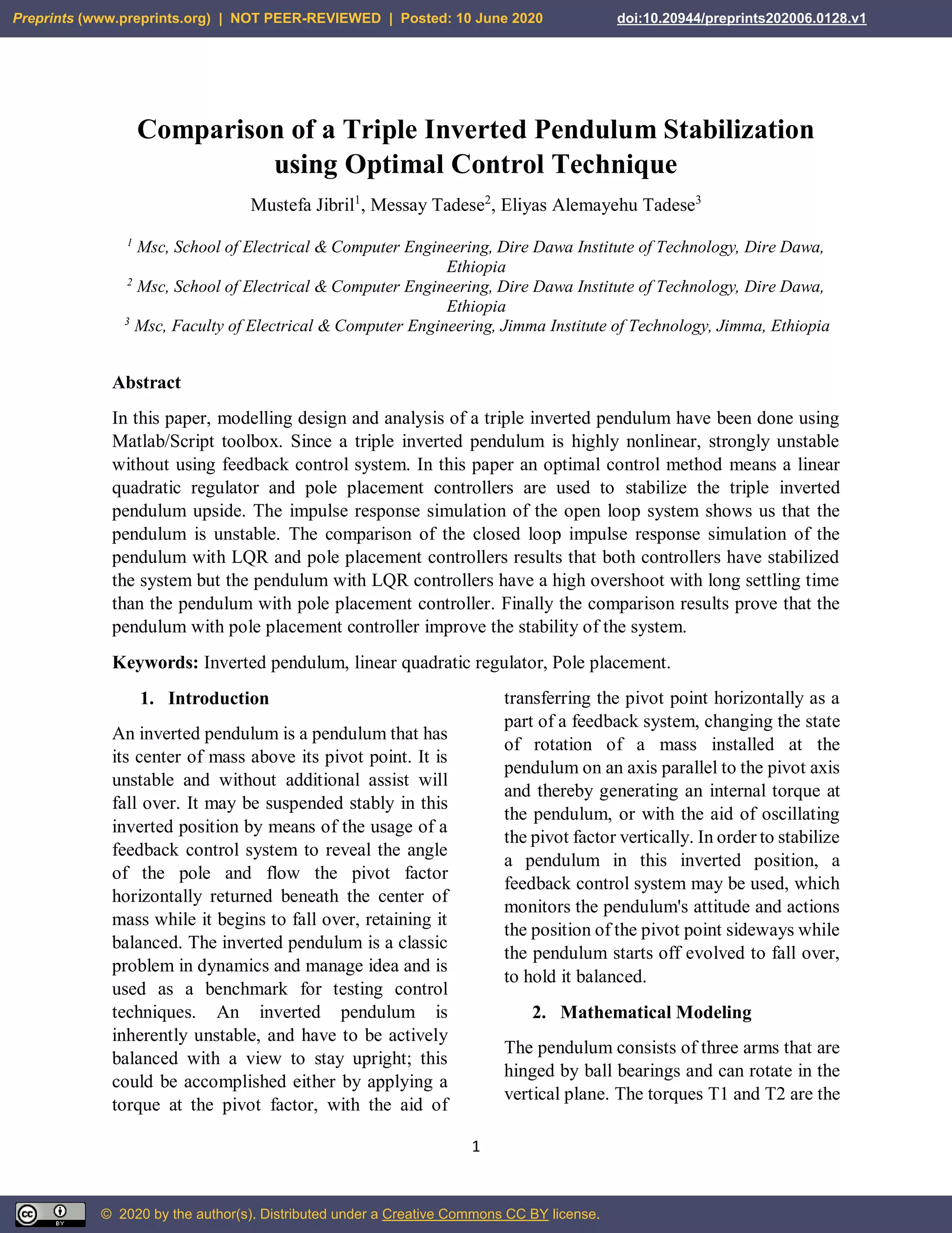 Comparison of a triple inverted pendulum stabilization using optimal control technique | PDF