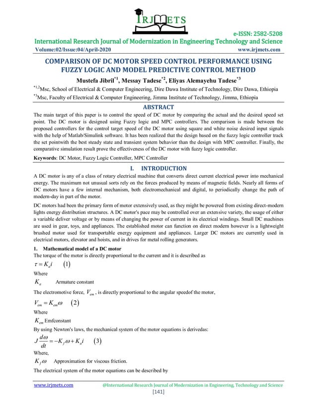 Comparison of dc motor speed control performance using fuzzy logic and model predictive control ...