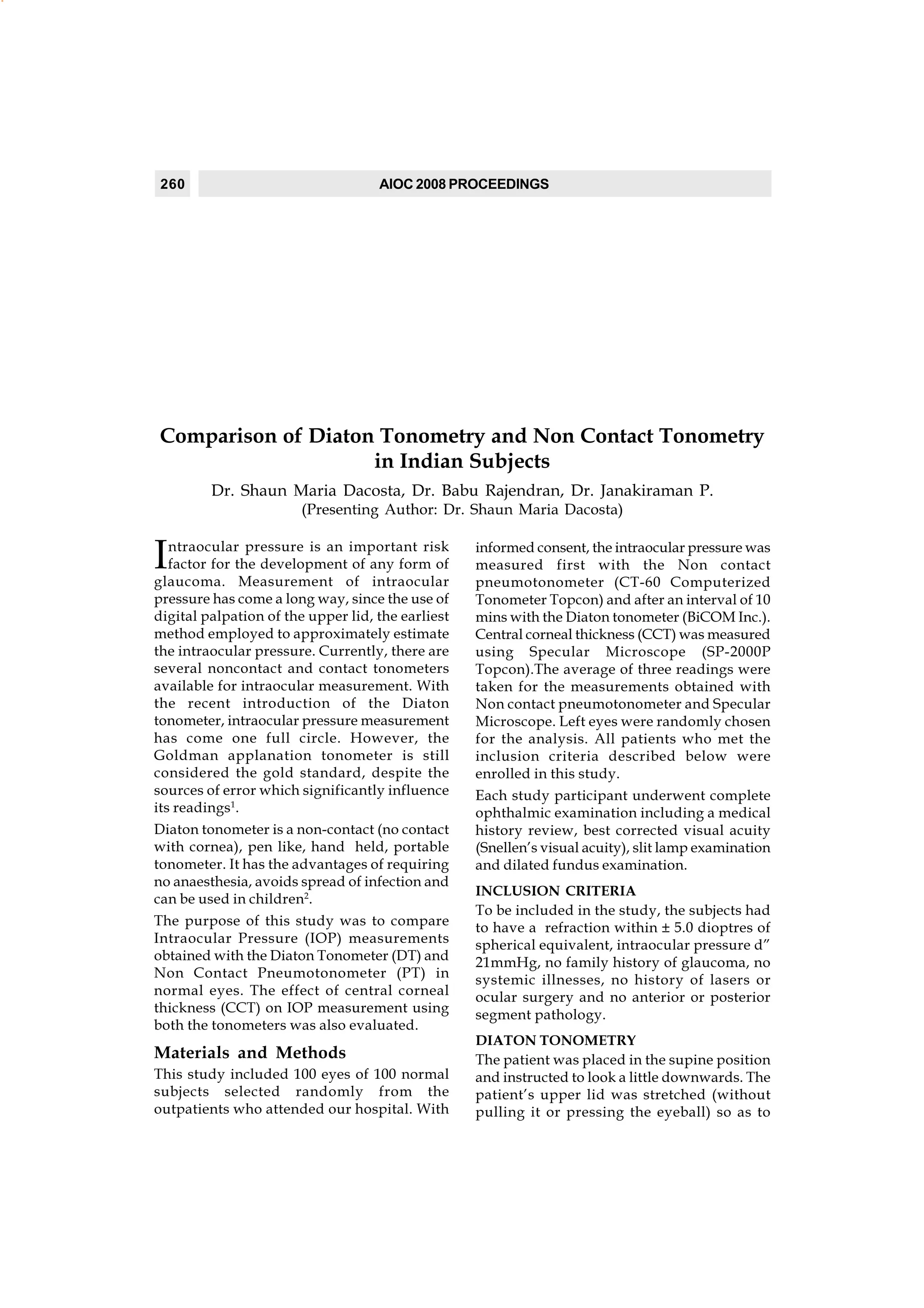 Comparison Of Diaton Tonometry And Non Contact Tonometry | PDF