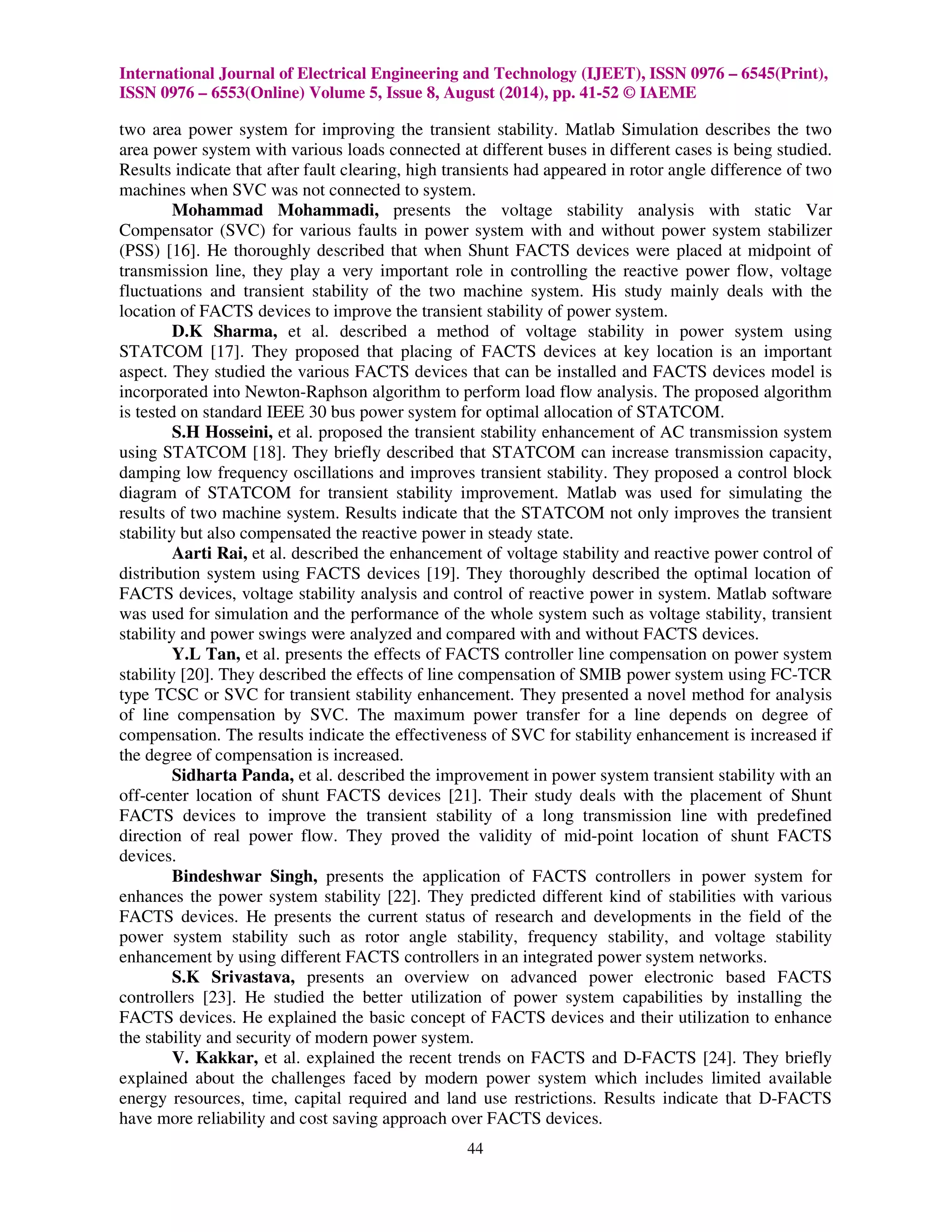 Comparison of facts devices for two area power system stability ...