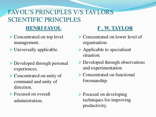 Comparison of fayol’s principles and taylor’s scientific management