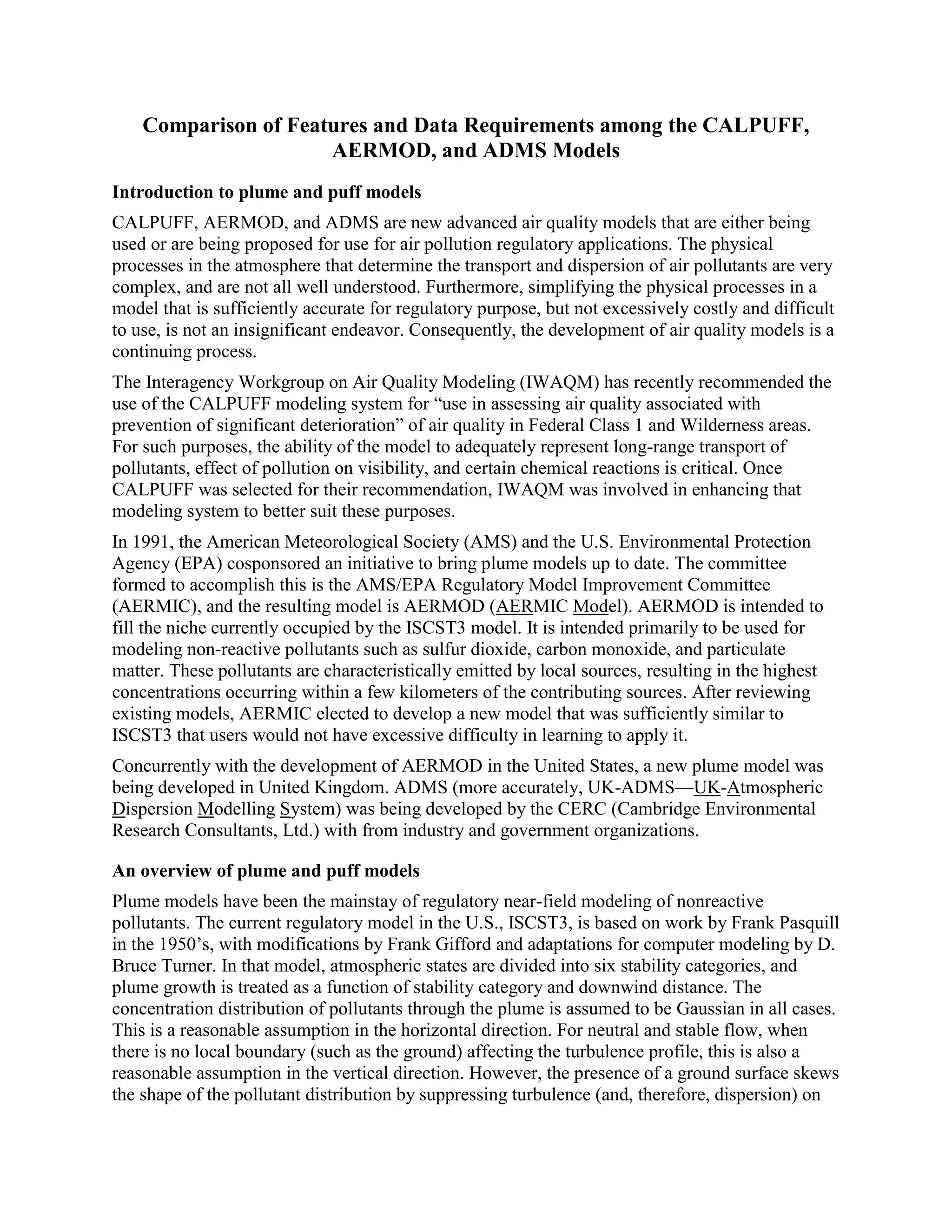 Comparison of Features and Data Requirements among the CALPUFF, AERMOD ...